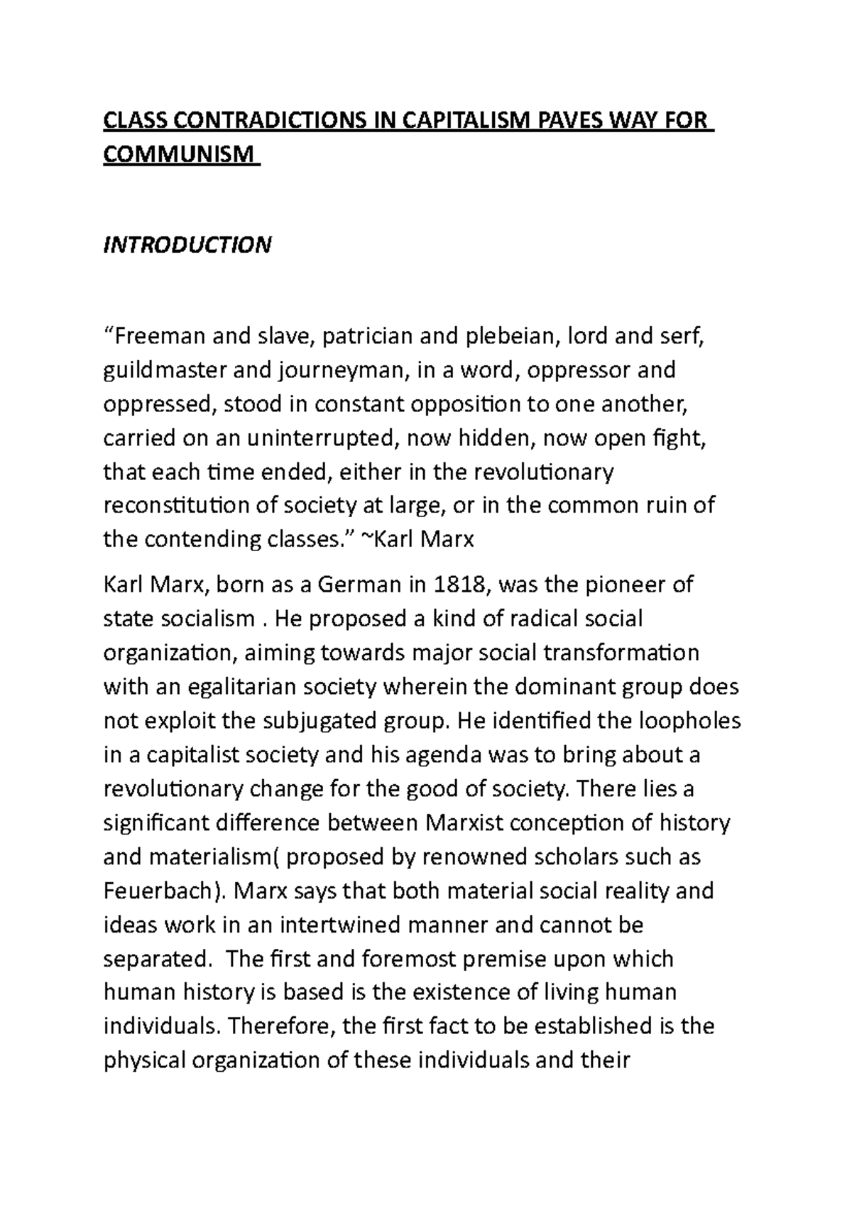 Class Contradictions IN Capitalism Paves WAY FOR Communism - CLASS ...