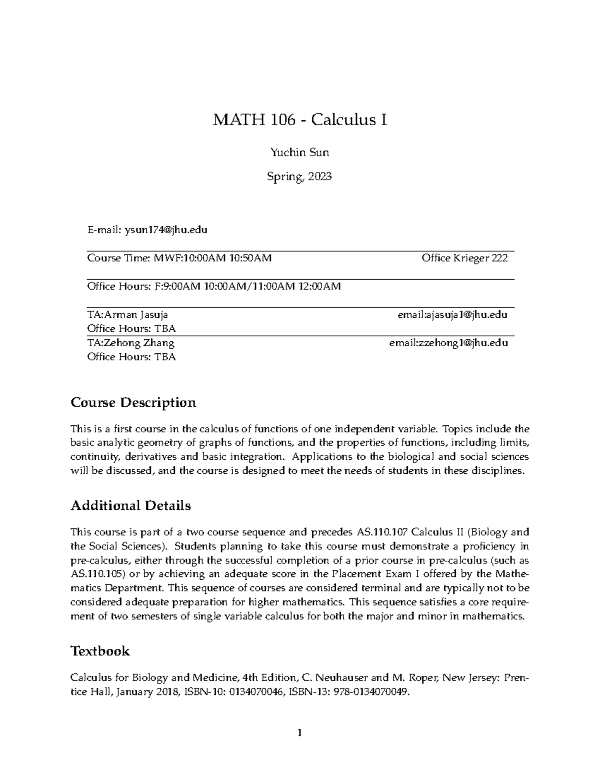 Math106 syllabus - MATH 106 - Calculus I Yuchin Sun Spring, 2023 E-mail ...