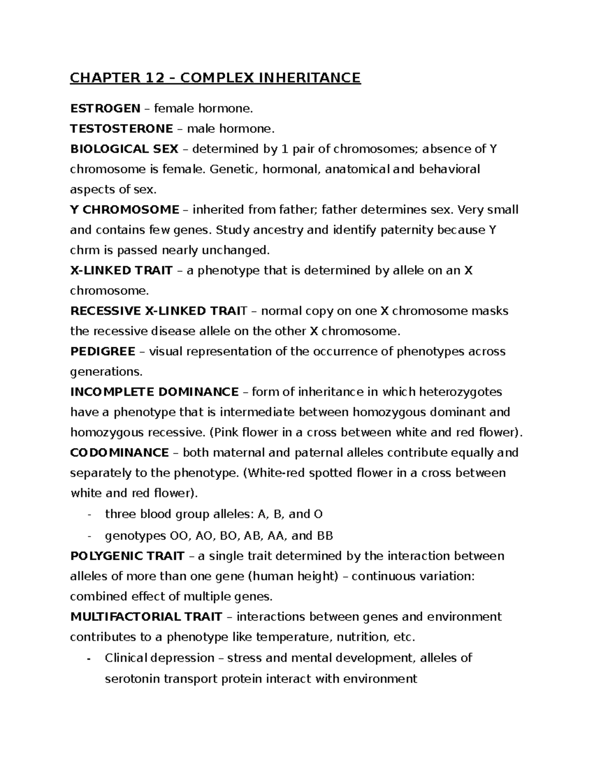 Final TEST Study Guide - CHAPTER 12 – COMPLEX INHERITANCE ESTROGEN ...
