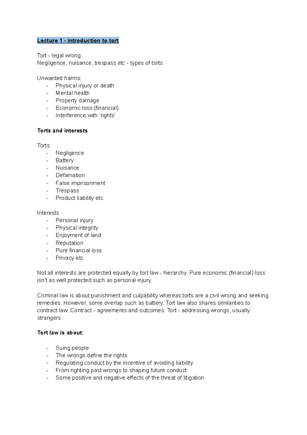 Law of tort notes - dont use - not accurate - Lecture 1 - introduction ...