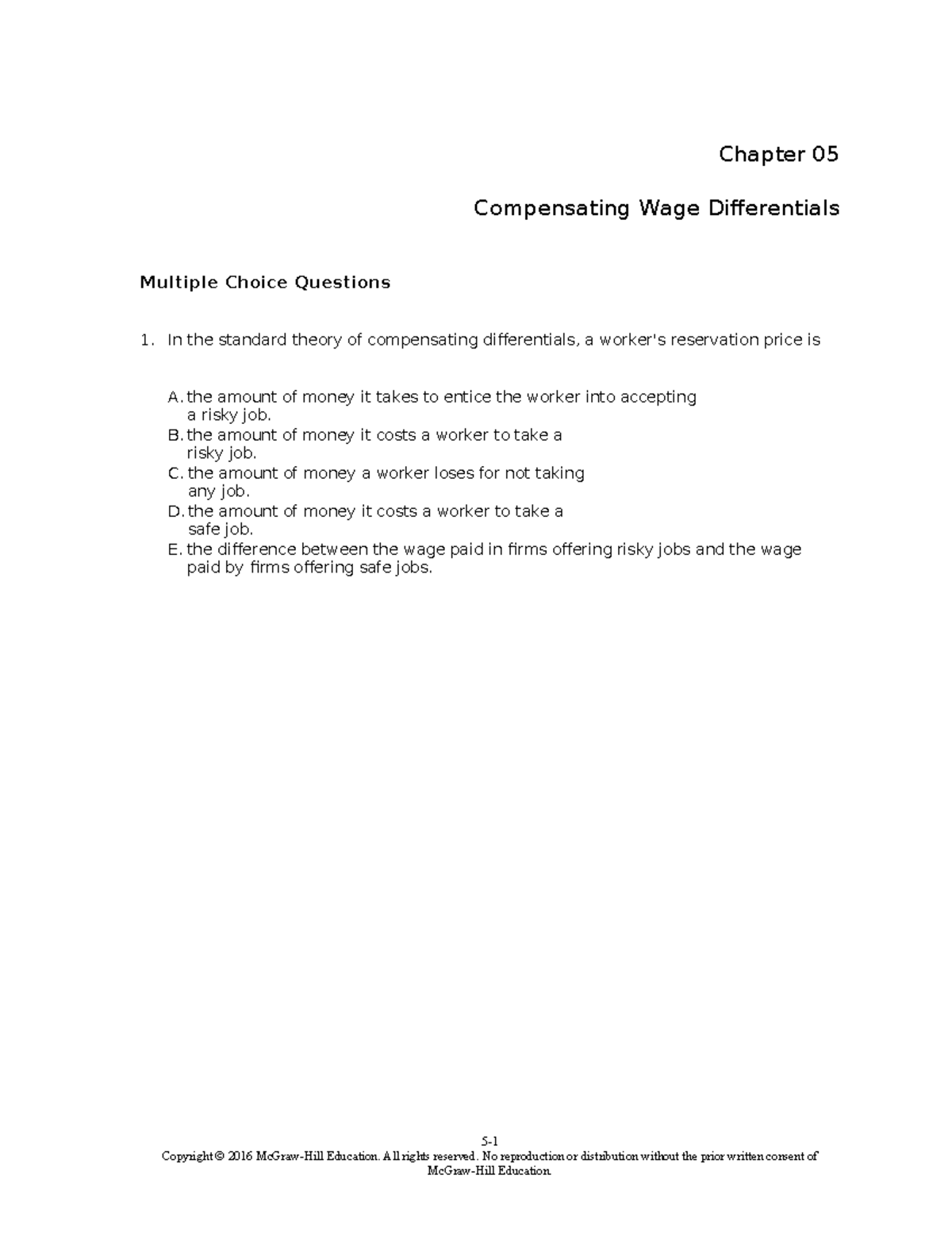 TBChap 005 - Aaaaaaa - Chapter 05 Compensating Wage Differentials Multiple Choice Questions 1 ...