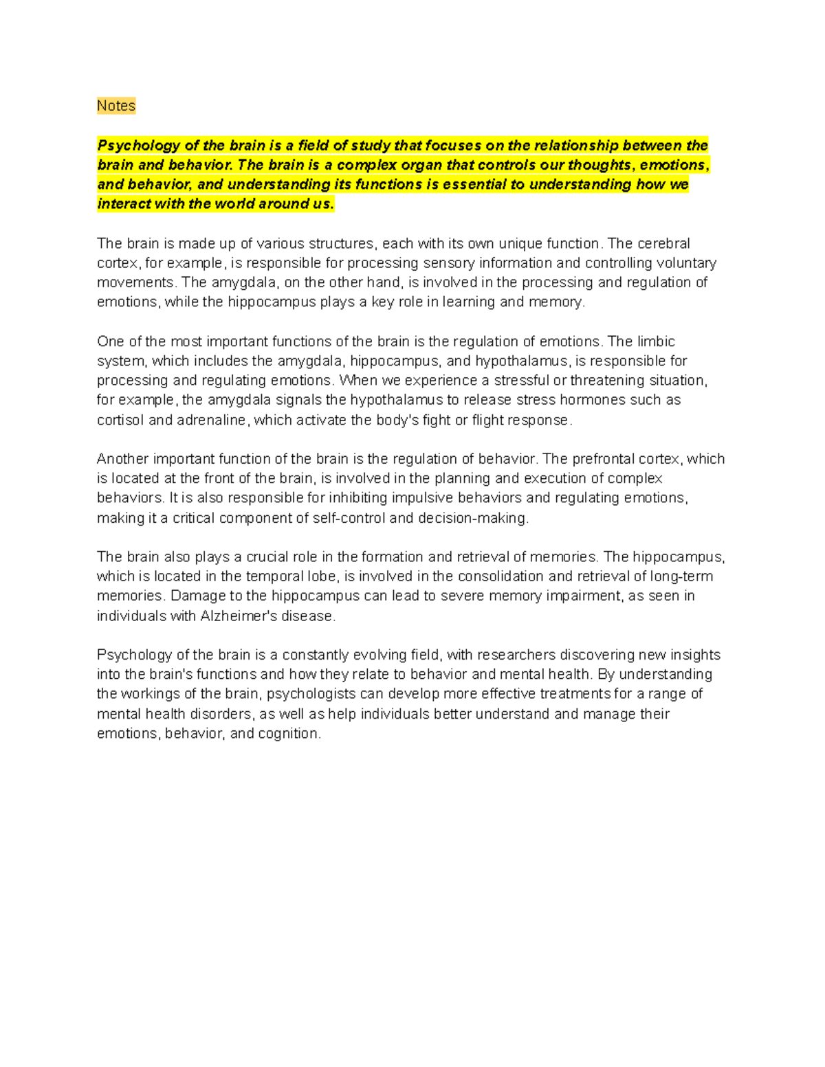 Psyc brain and functions - Notes Psychology of the brain is a field of ...