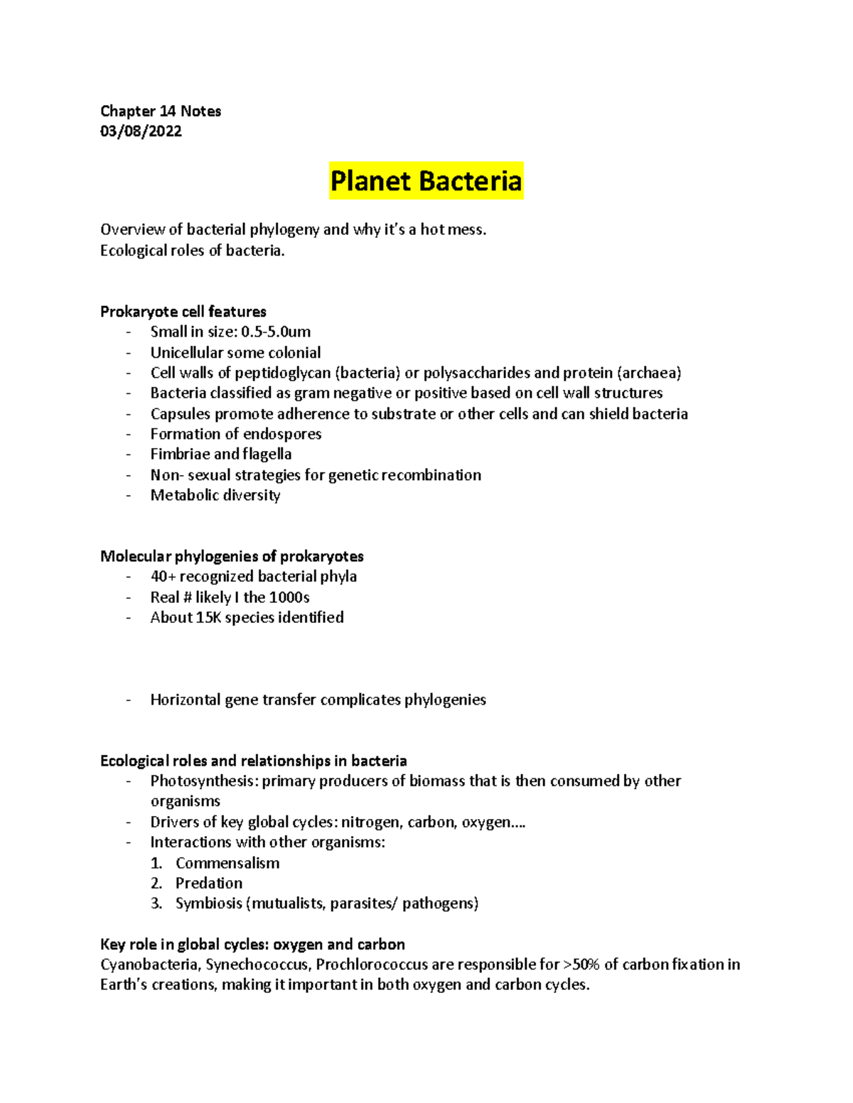 BIO 2 Notes - Chapter 14 Notes 03/08/ Planet Bacteria Overview of ...