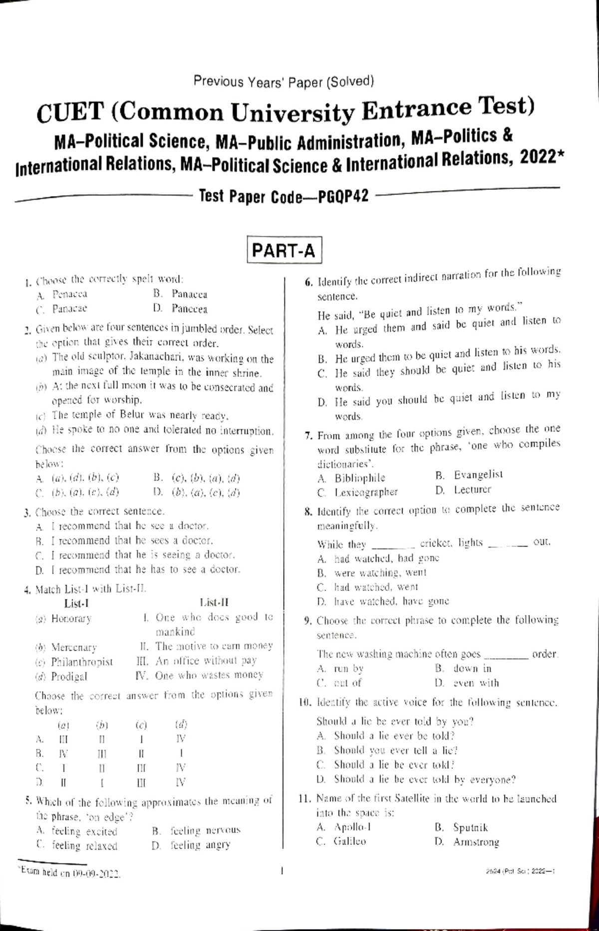 Pyqp 2022 - Helpful - CUET (Common University Entrance Test) ####### MA ...