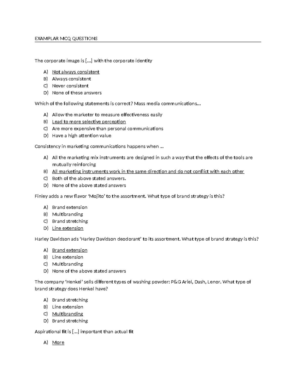 Examplar MCQ Questions - EXAMPLAR MCQ QUESTIONS The corporate image is ...