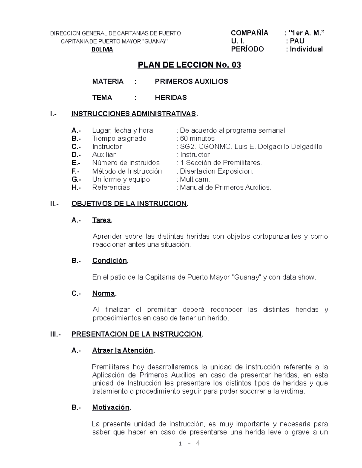 Plan de leccion pau heridas - DIRECCION GENERAL DE CAPITANIAS DE PUERTO COMPAÑÍA : "1er A. M ...