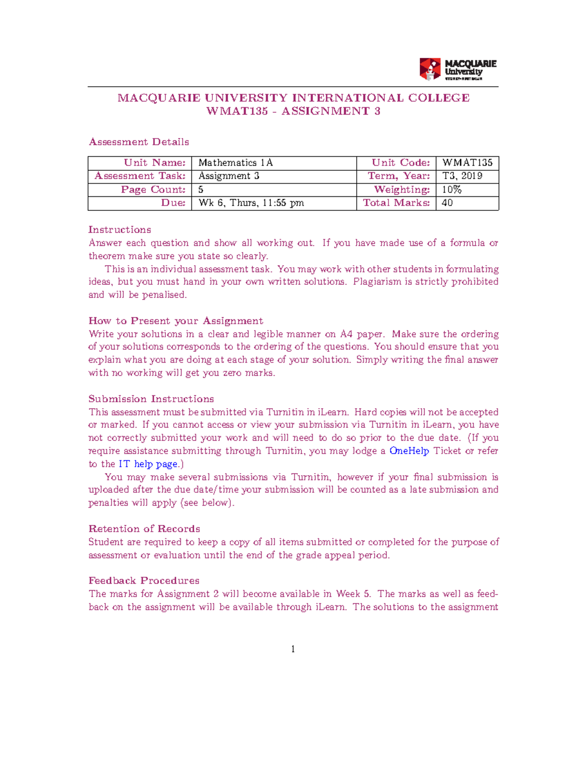 Assignment 3 for term 3 2019 - MACQUARIE UNIVERSITY INTERNATIONAL COLLEGE WMAT135 - ASSIGNMENT 3 ...