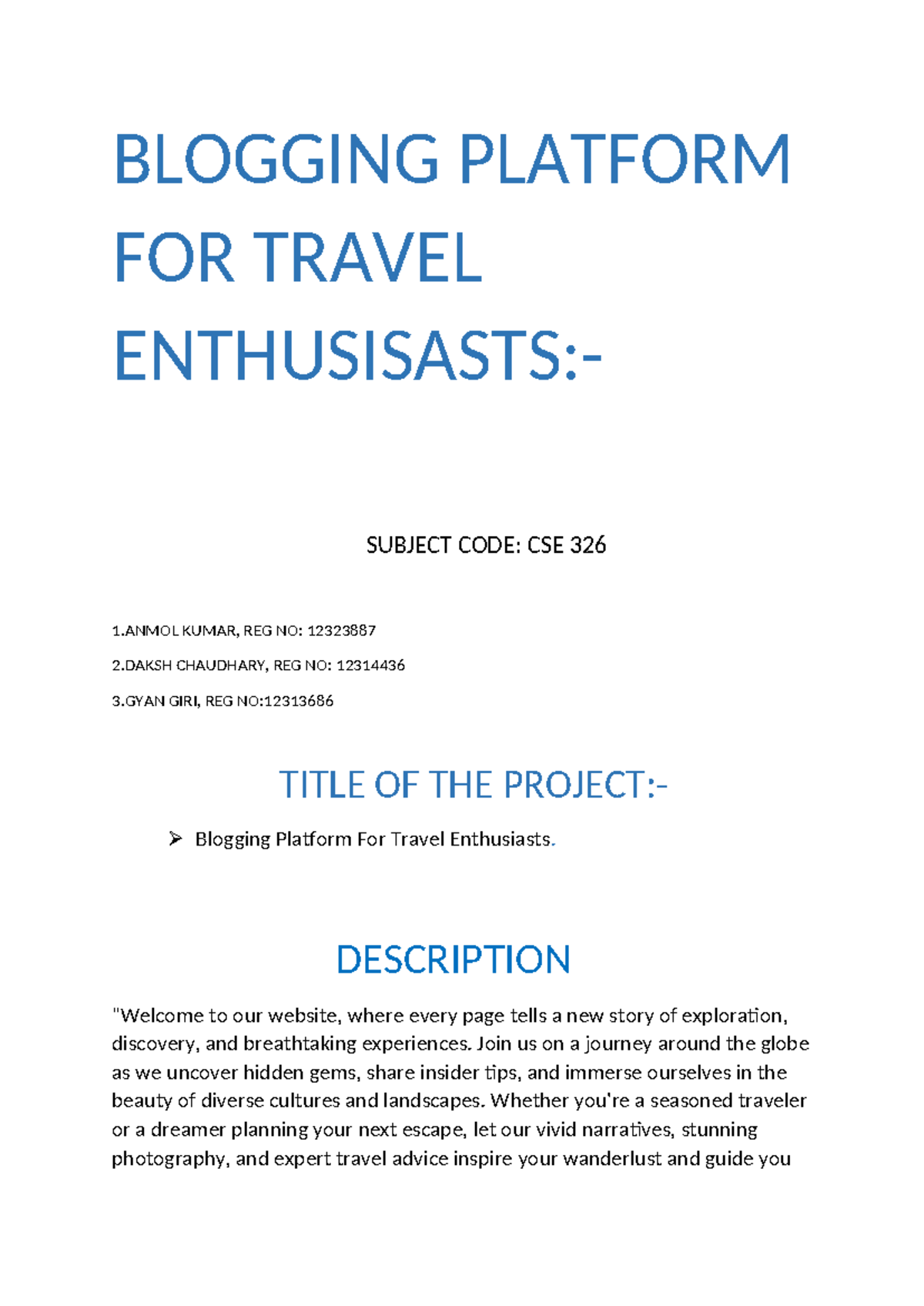 html and css project - BLOGGING PLATFORM FOR TRAVEL ENTHUSISASTS:- SUBJECT CODE: CSE 326 1 KUMAR ...