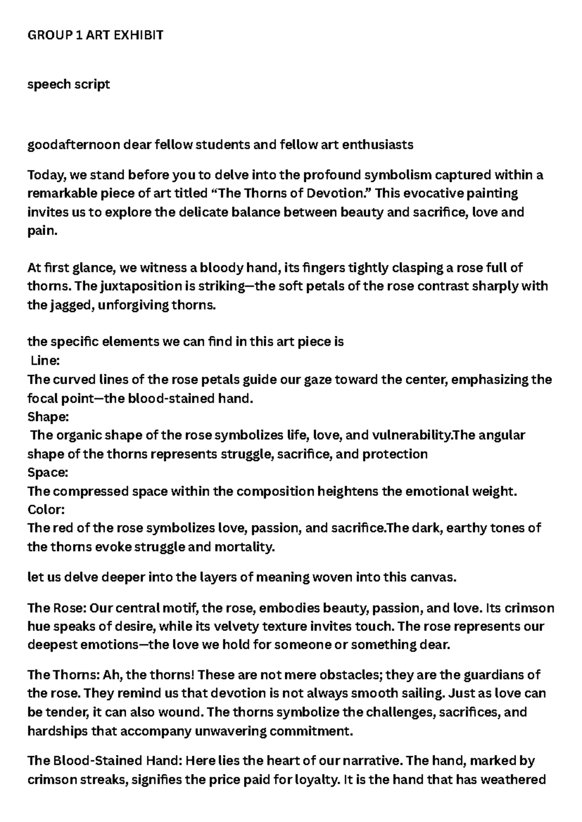 ART Exhibition Speech. Group 1 - GROUP 1 ART EXHIBIT speech script ...