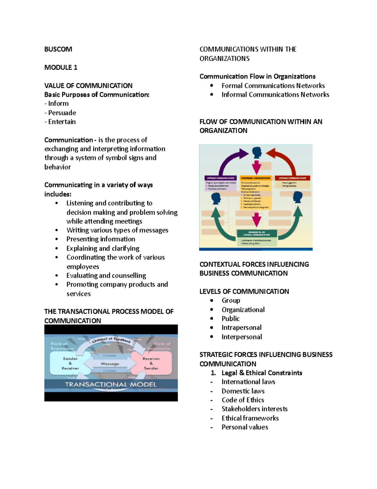 Buscom Reviewer - BUSCOM MODULE 1 VALUE OF COMMUNICATION Basic Purposes of Communication: Inform ...
