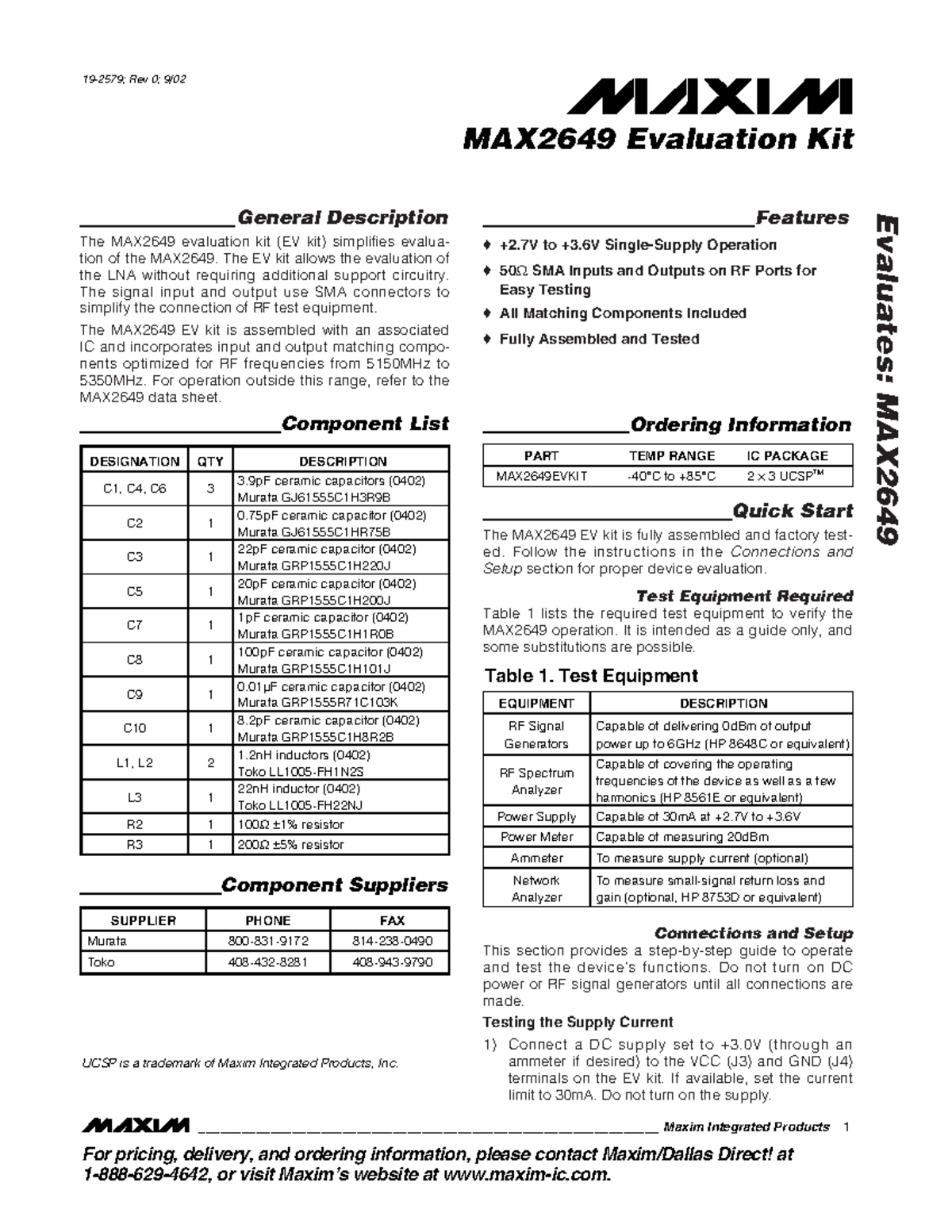 MAX2649 datasheet - N/A - General Description The MAX2649 evaluation ...
