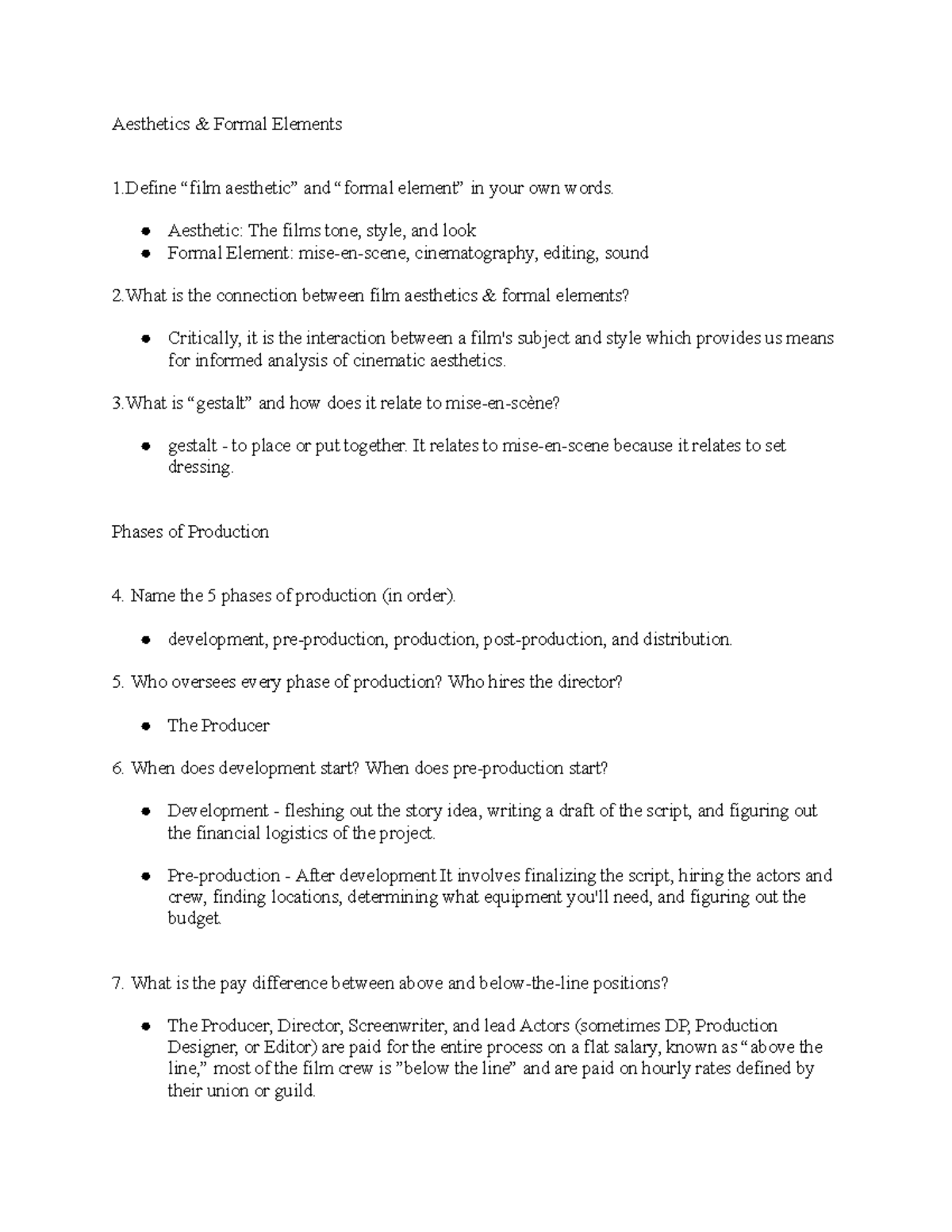 Film midterm - 2022 - Aesthetics & Formal Elements 1 “film aesthetic ...