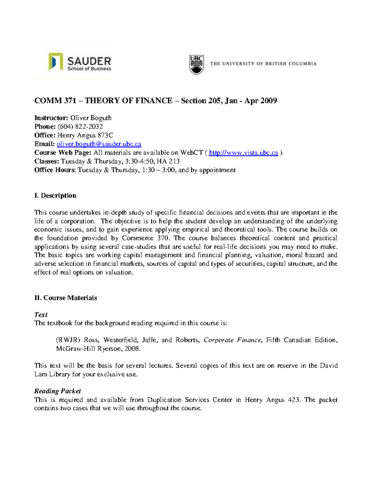 Course Syllabus comm477 Financial Engineering - COMM 3 71 – THEORY OF ...