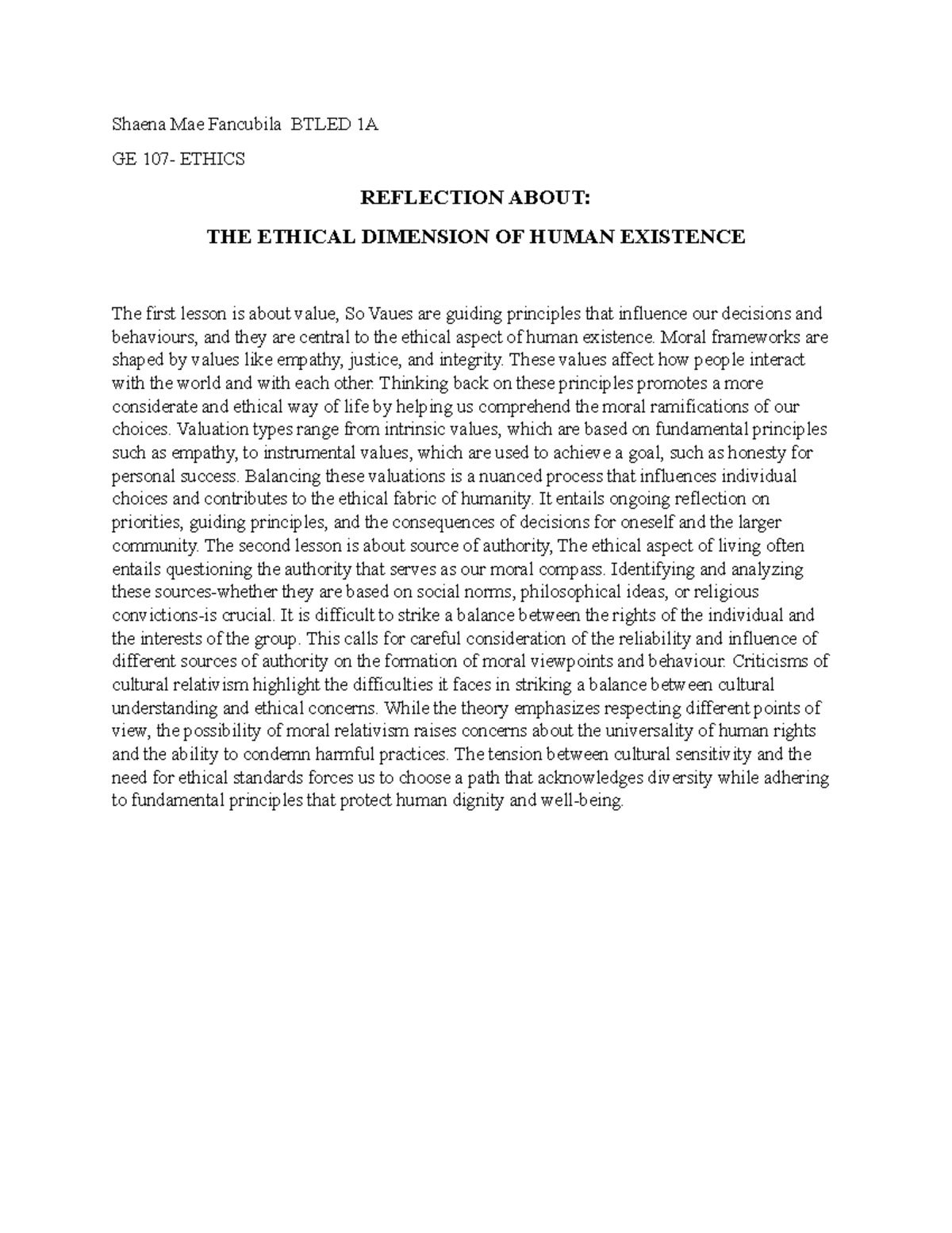 Reflection IN Ethica - Shaena Mae Fancubila BTLED 1A GE 107- ETHICS ...