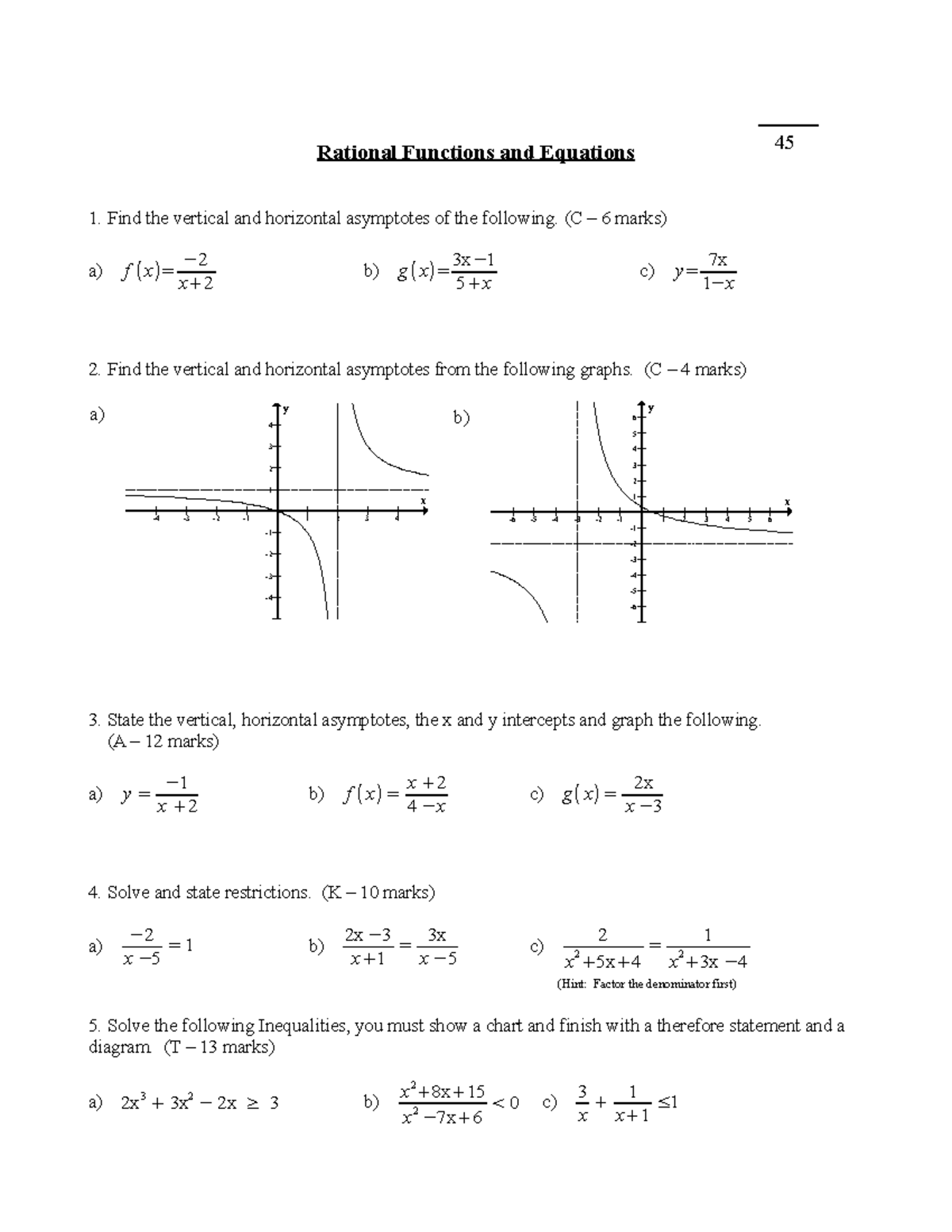 Grade 12 Rational Functions and Equations practice test - Rational ...