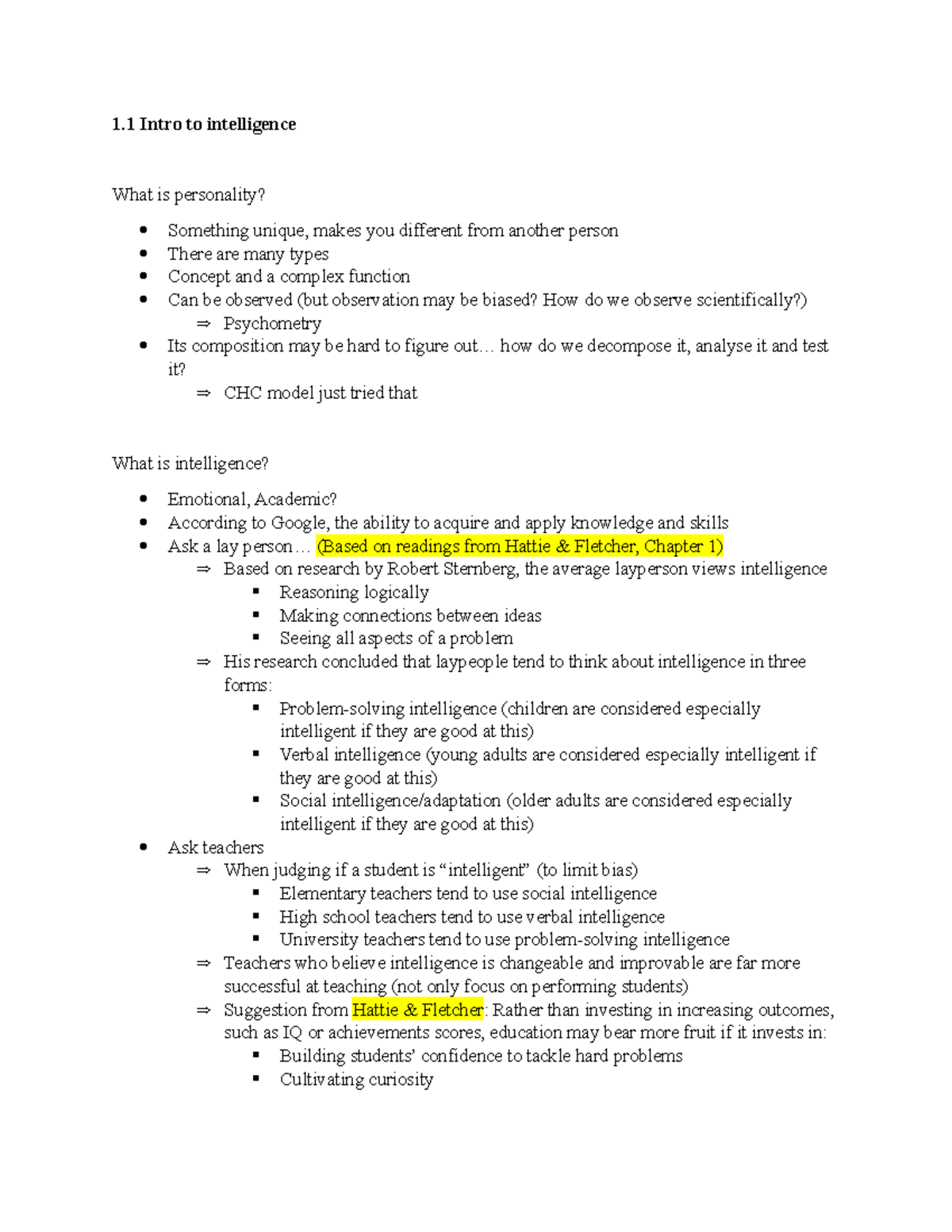 Chapter 1 Summary Intelligence - 1 Intro to intelligence What is ...