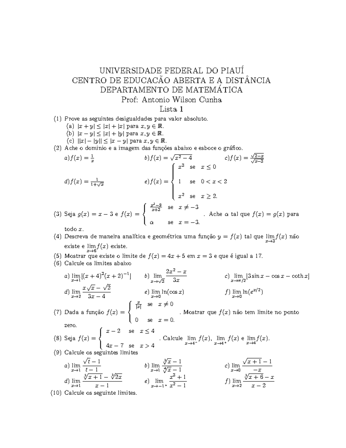 Lista 1 - UNIVERSIDADE FEDERAL DO PIAU´I ˜ ABERTA E A DISTANCIA ˆ ...