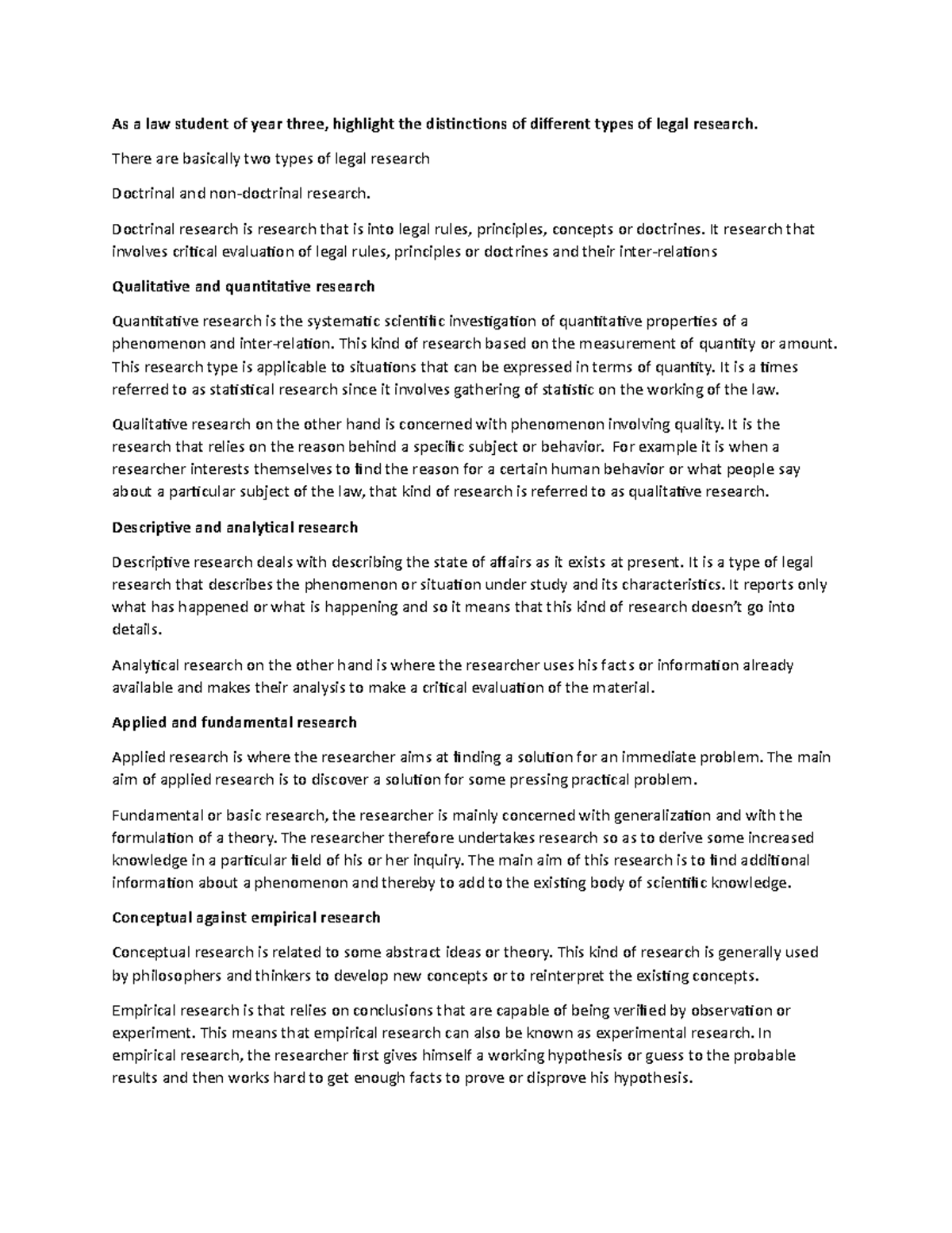 Legal Research - As a law student of year three, highlight the ...