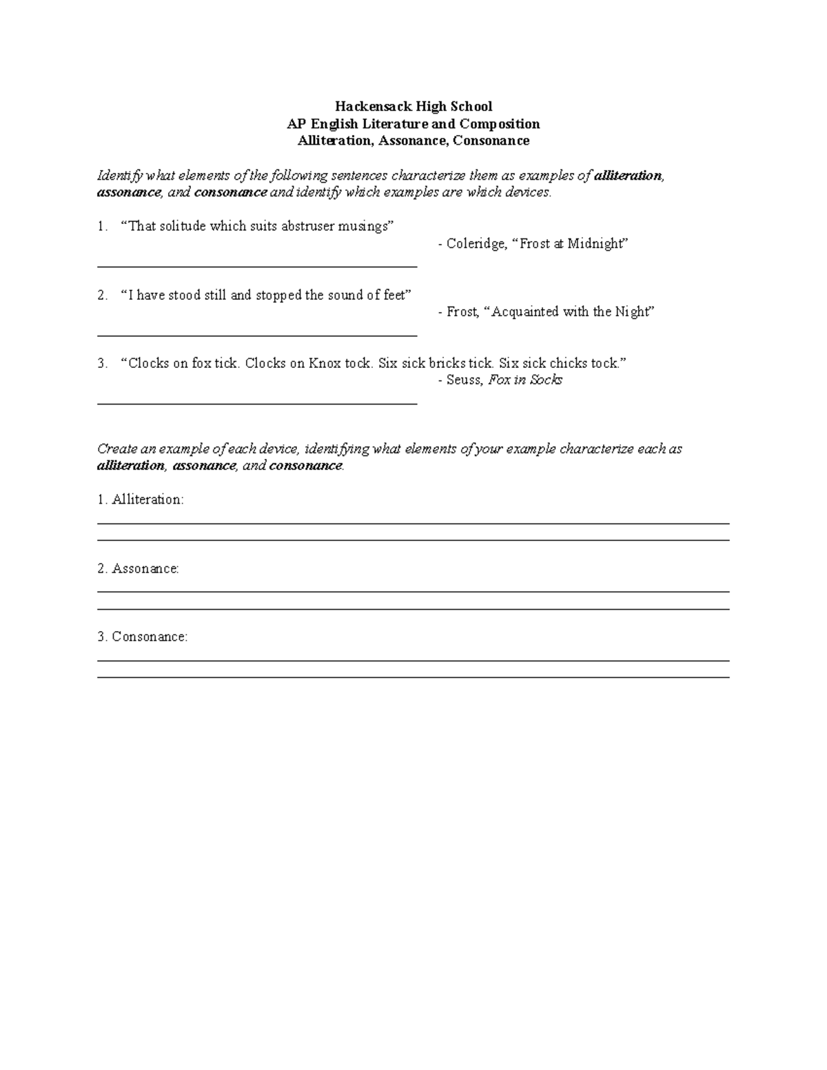 Ap english literature - alliteration assonance consonance - Hackensack ...