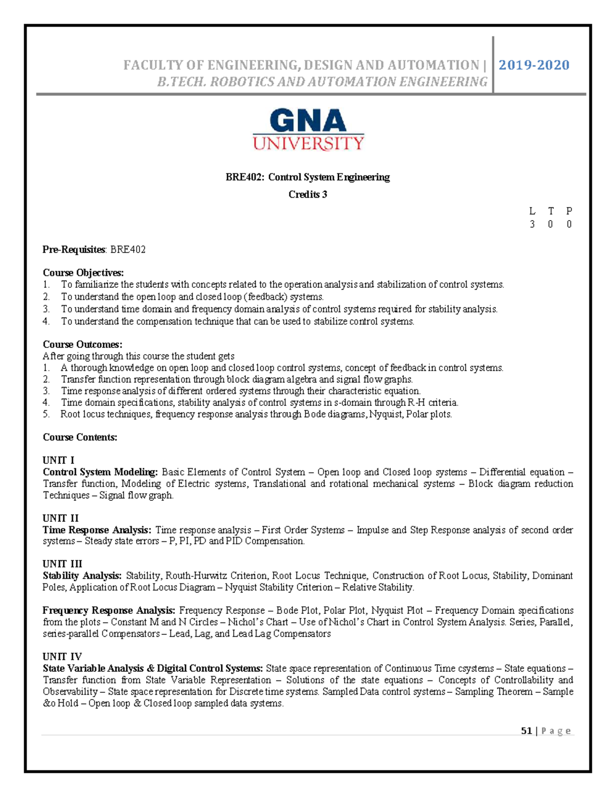 1 Control System Engineering Syllabus - FACULTY OF ENGINEERING, DESIGN ...