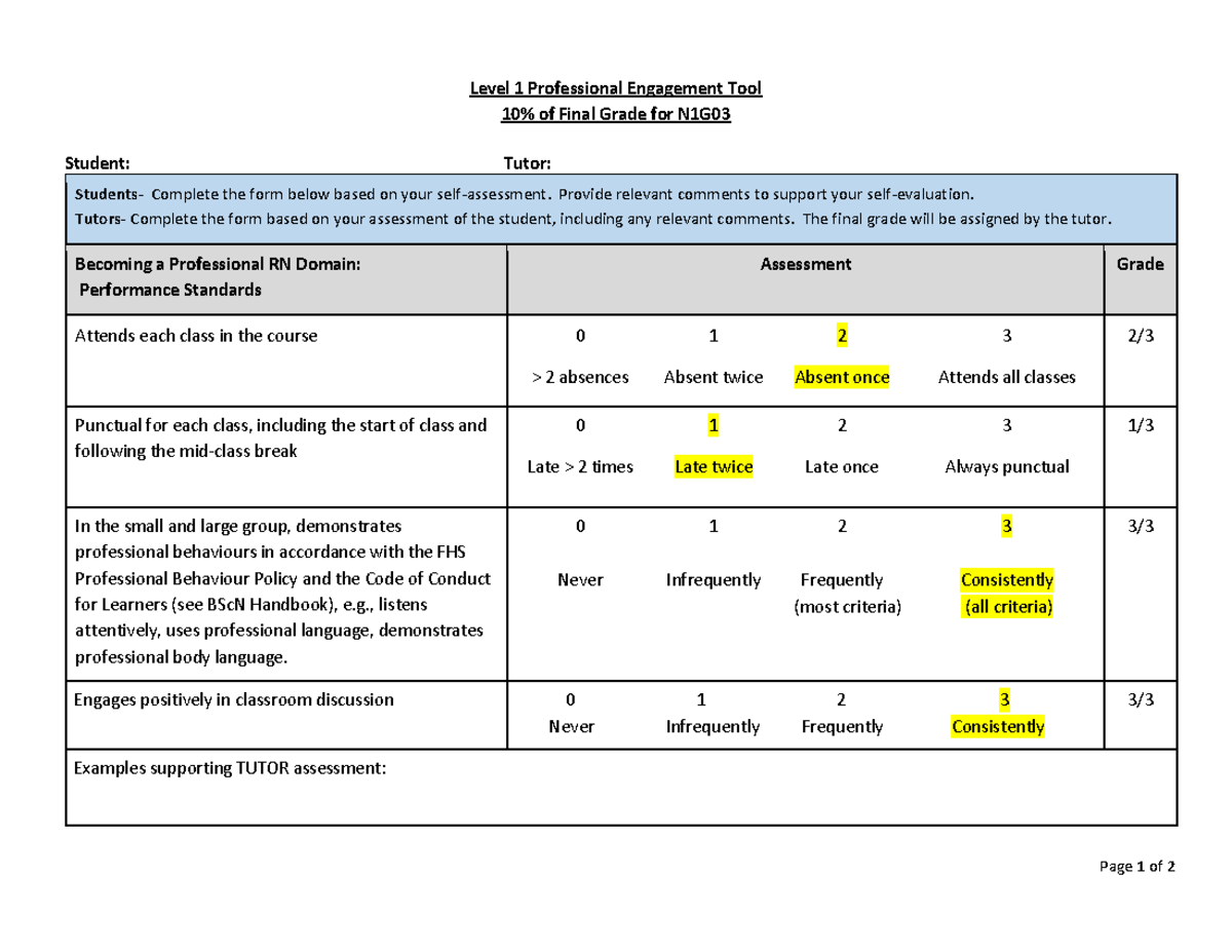 Level I Engagement Rubric - Page 1 of 2 Level 1 Professional Engagement ...