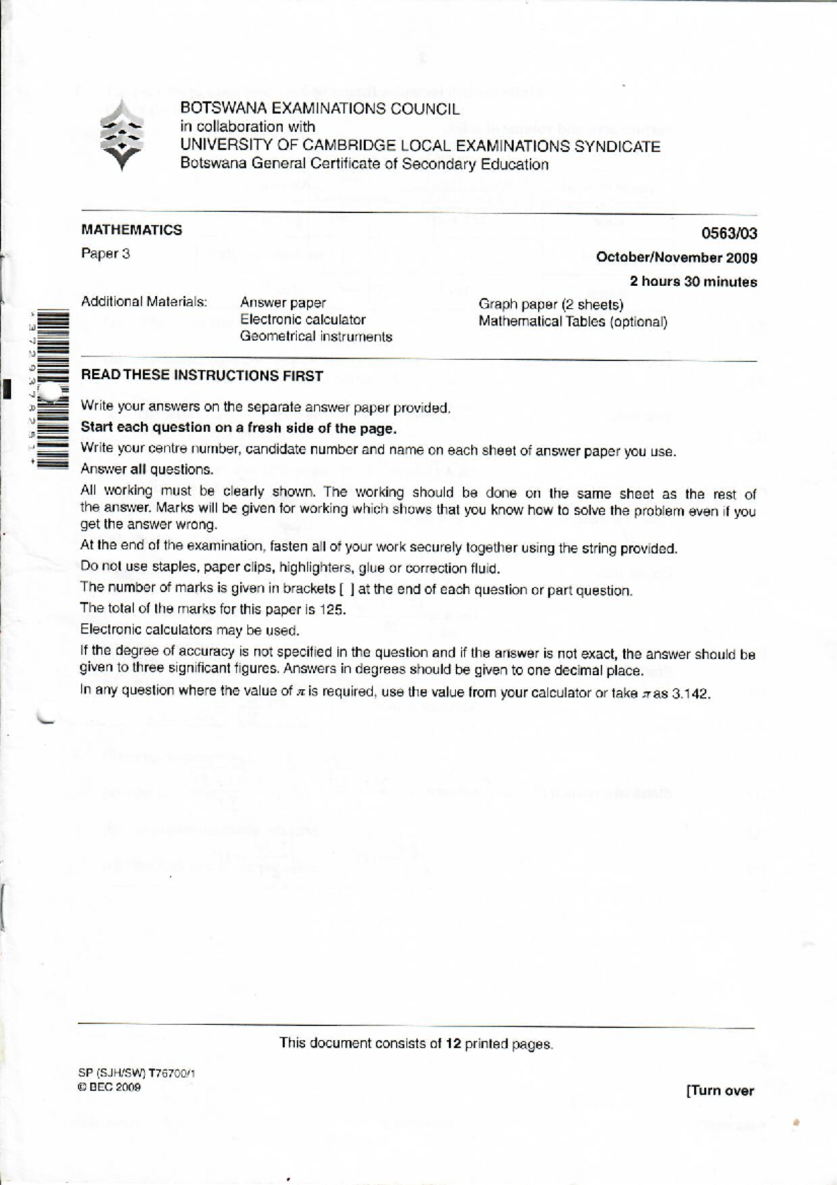 Core MATHEMATICS BGCSE BEC 2009 Paper 3 - BOTSWANA EXAMINATIONS COUNCIL ...
