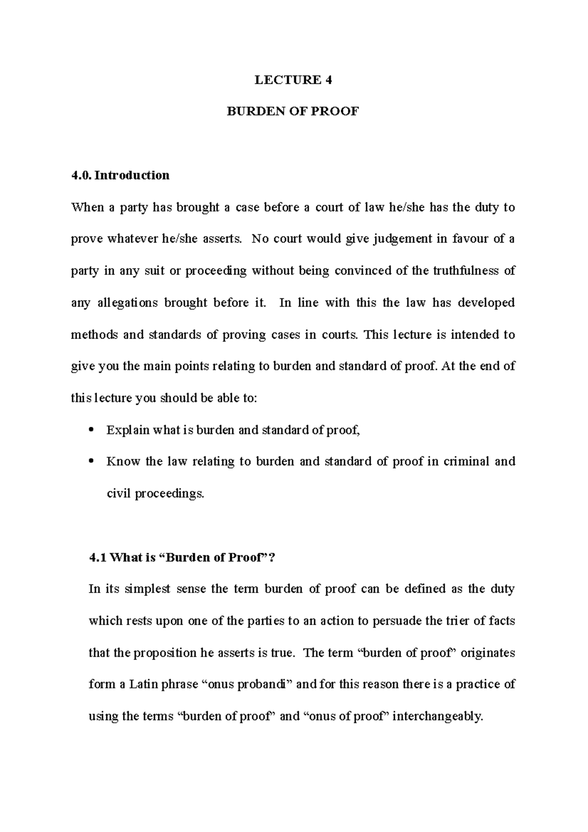Lecture 4 - BURDEN OF PROOF - LECTURE 4 BURDEN OF PROOF Introduction ...