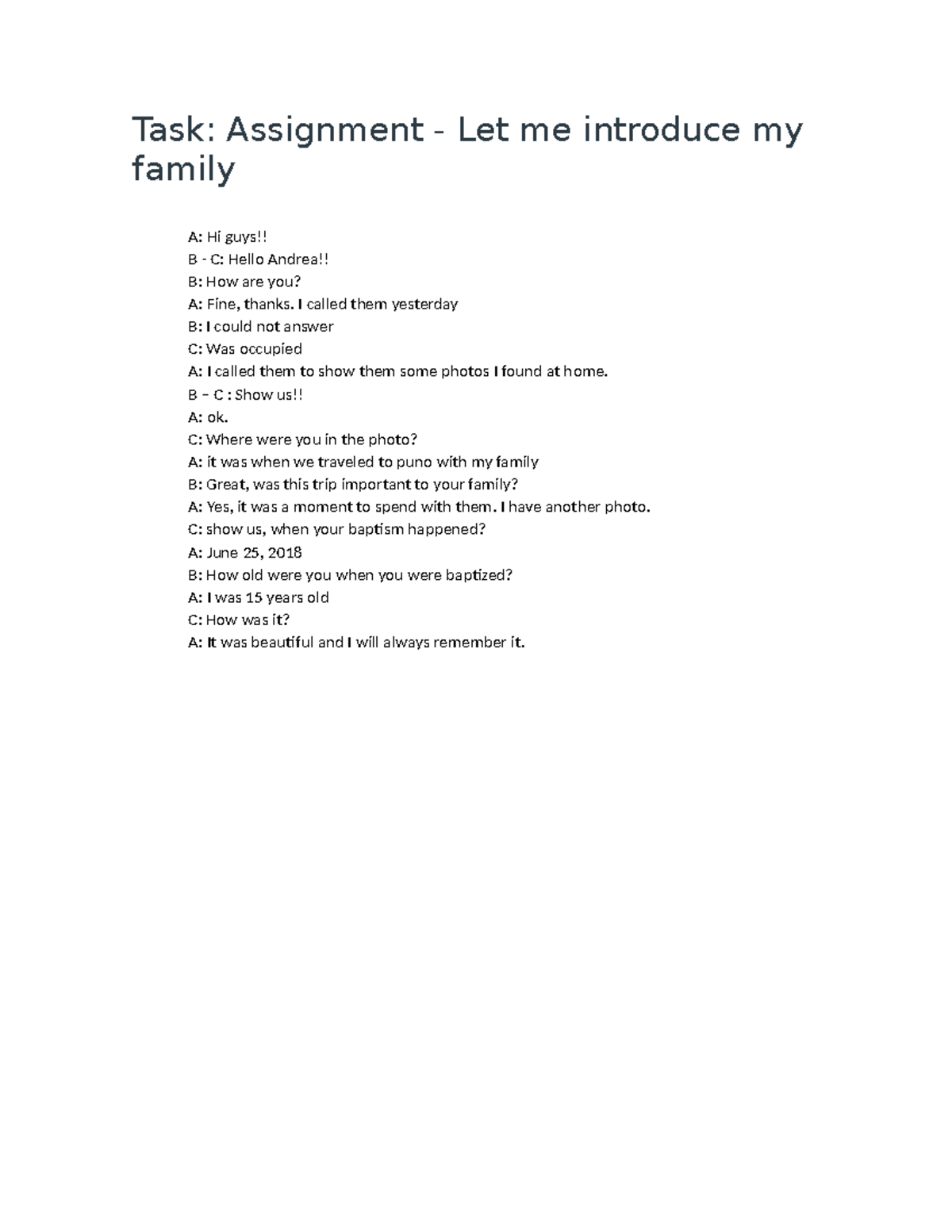 Dialogo de fotos en familia - Task: Assignment - Let me introduce my ...