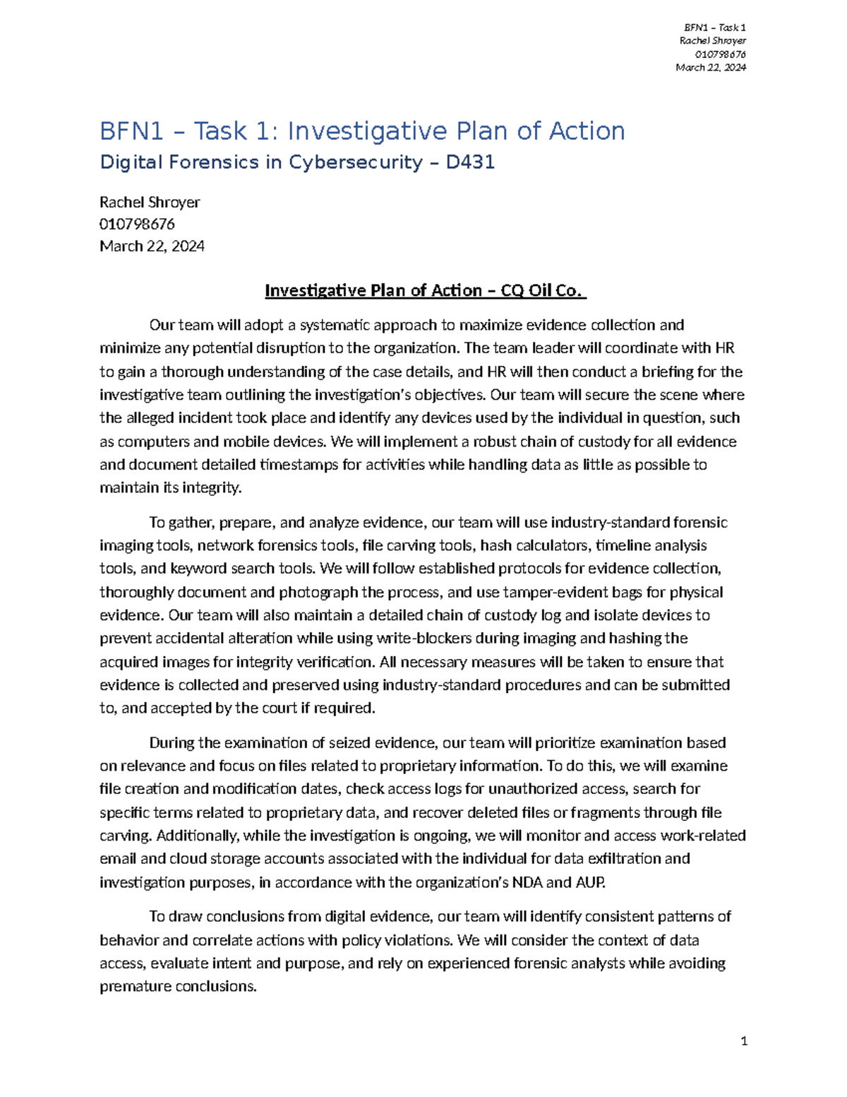 Investigative Plan of Action - Our team will adopt a systematic ...