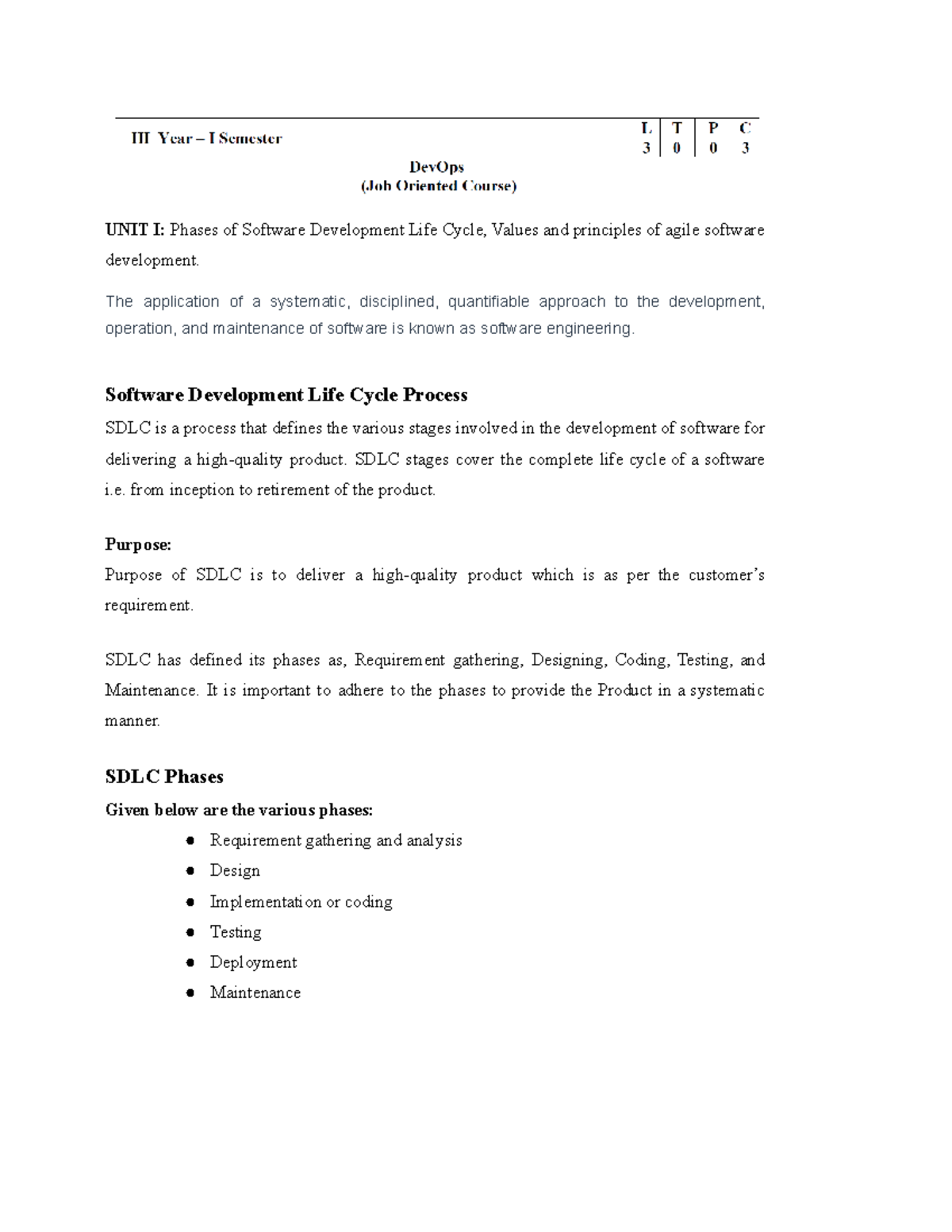 Dev Ops unit 1 - UNIT I: Phases of Software Development Life Cycle, Values and principles of ...