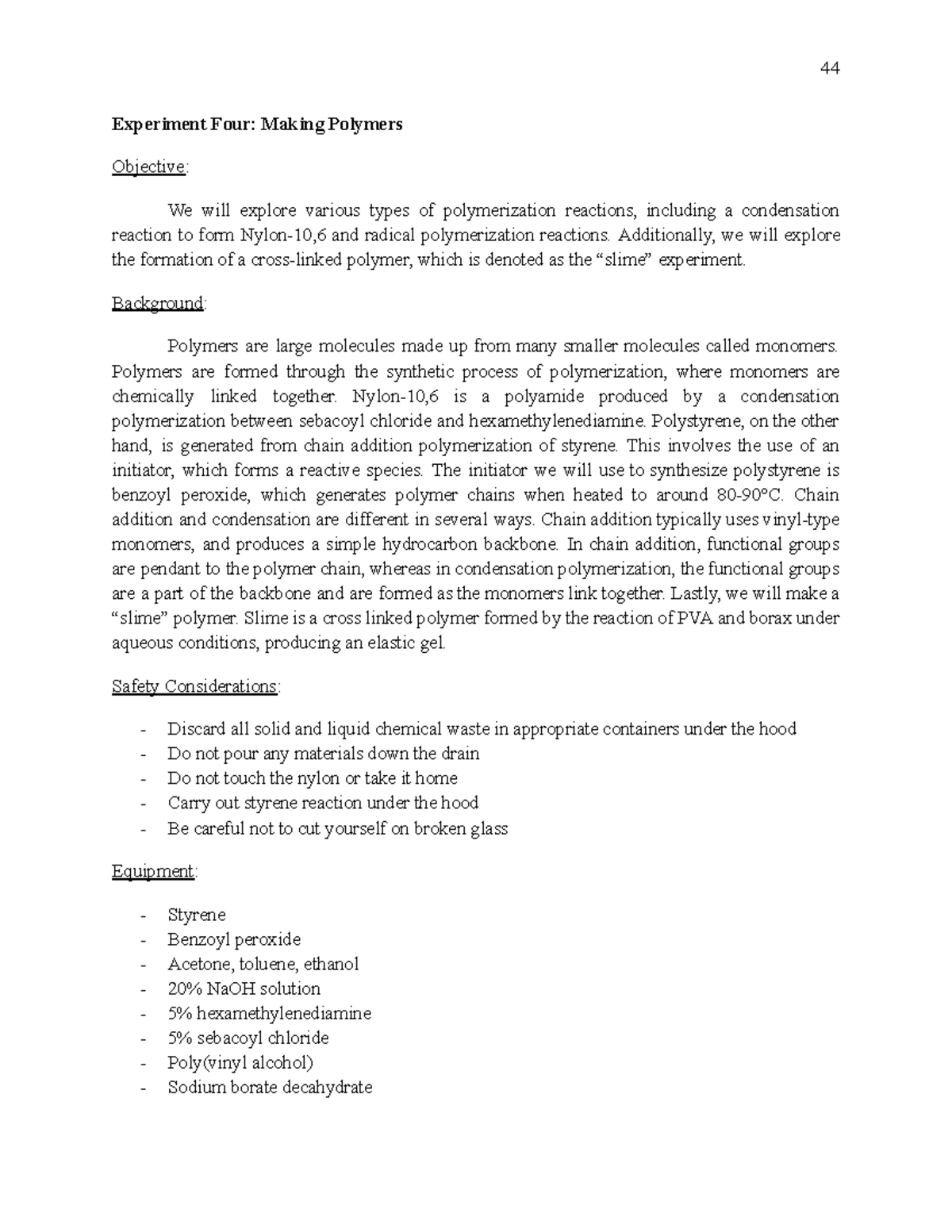 Expt 4 Lab Report Bolger - Experiment Four: Making Polymers Objective: We will explore various ...
