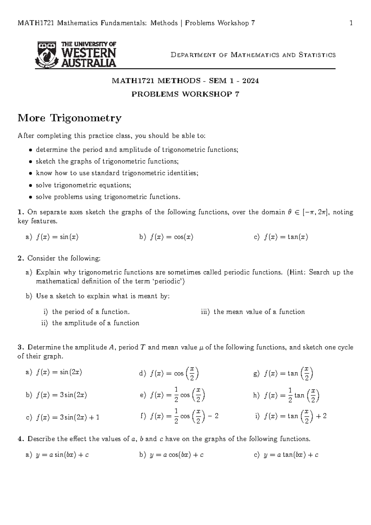 Worksheet week 7 - Department of Mathematics and Statistics MATH1721 ...