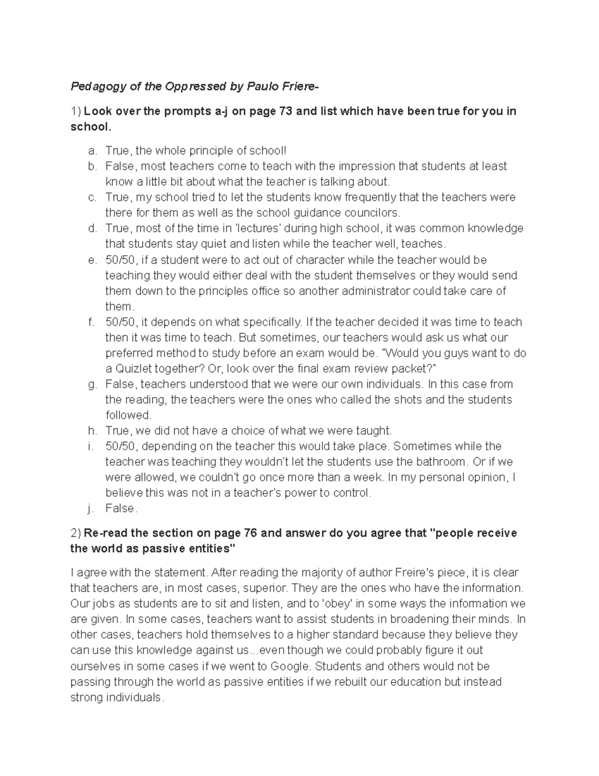 Week 2 prompts - Oppressed by Paulo Friere - Pedagogy of the Oppressed ...