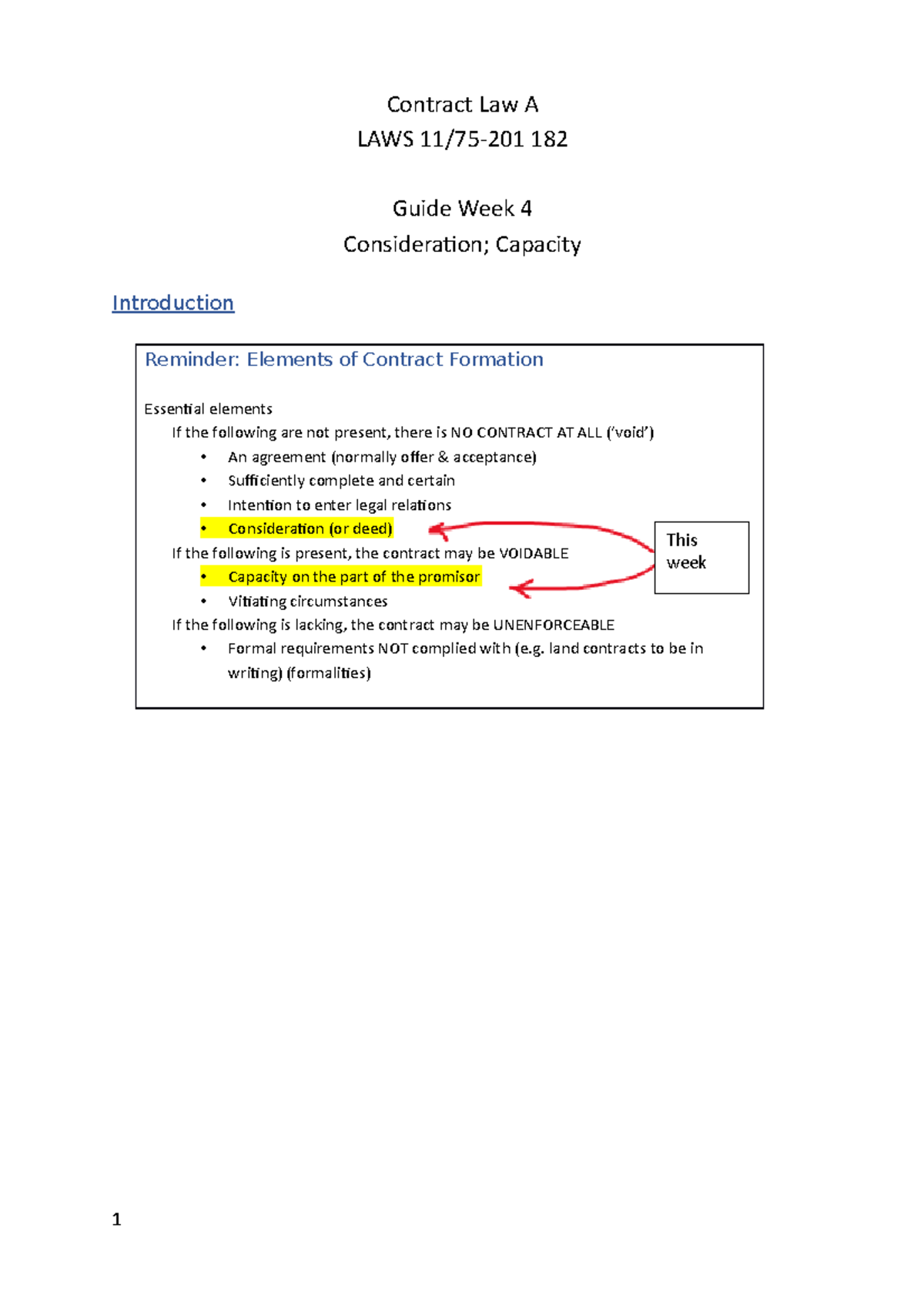 Week 4 Guide Consideration; Capacity - Contract Law A LAWS 11/75-201 ...