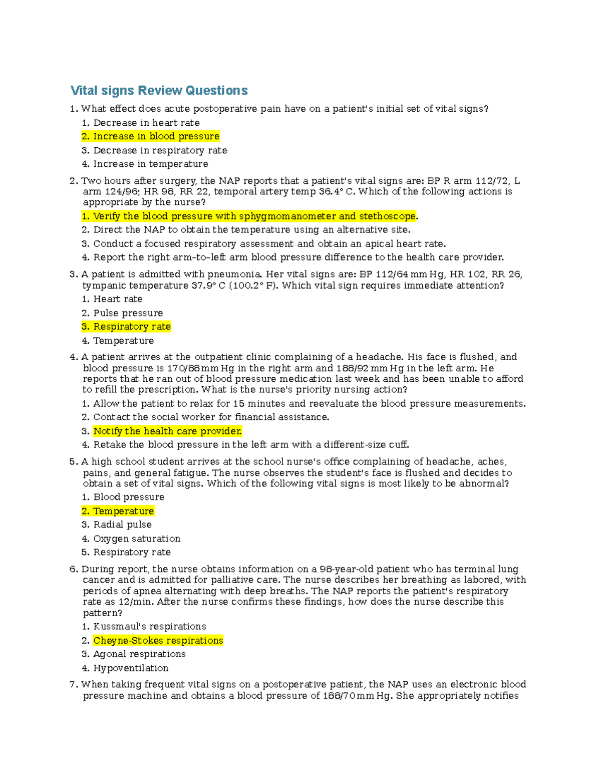 Vital Signs Review Questions - Vital signs Review Questions What effect ...