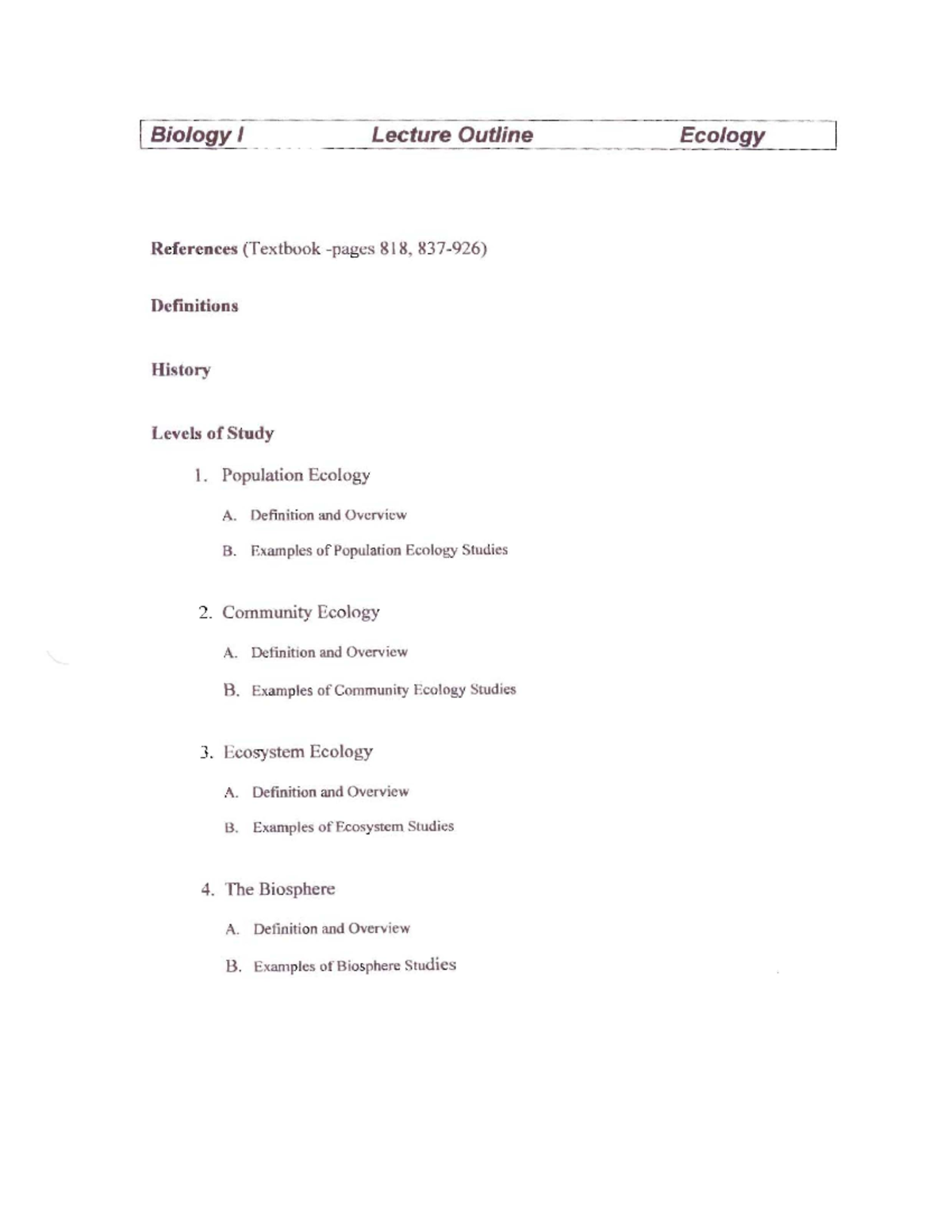 10 Ecology handout shortnote - I Biology I Lecture Outline Ecology ...
