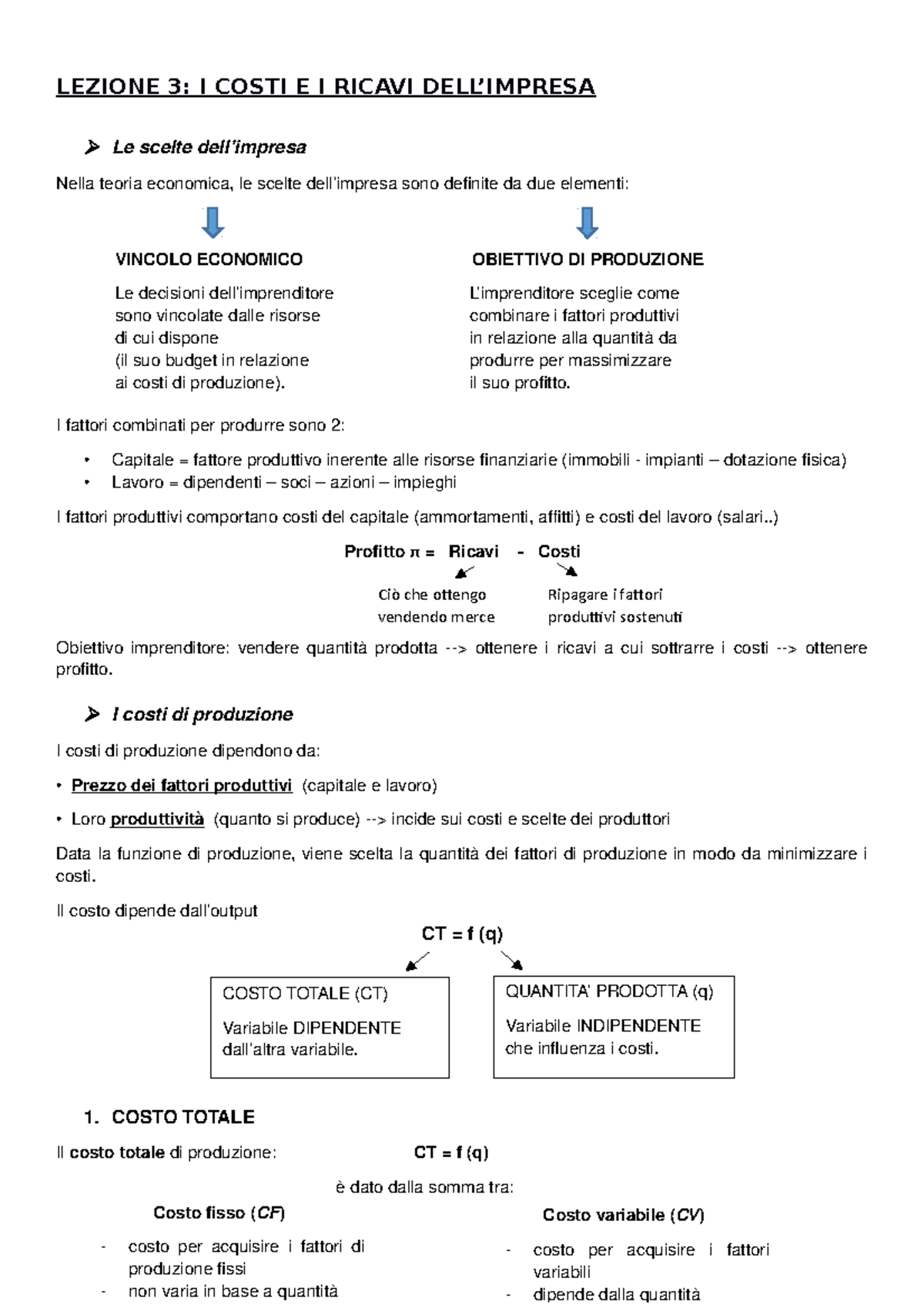 Lezione 3-4 - COSTI E RICAVI DELL'IMPRESA - costo totale - costo medio ...