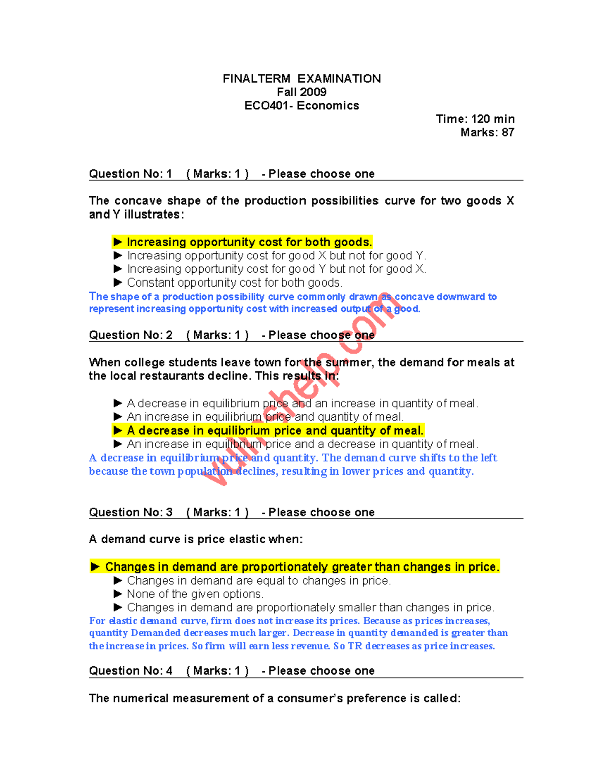 ECO 401 Final TERM Solved Paper - FINALTERM EXAMINATION Fall 2009 ECO401- Economics Time: 120 ...