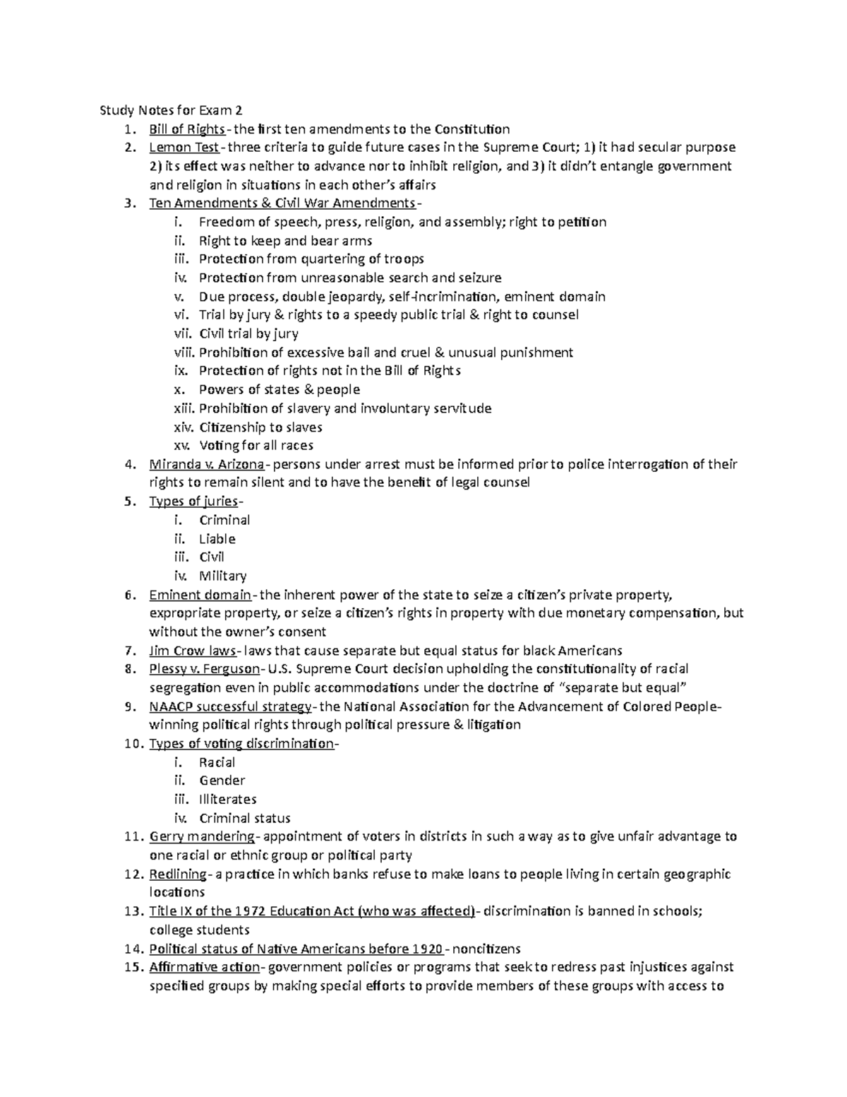 Government Study Guide for Exam 2 - Study Notes for Exam 2 1. Bill of ...