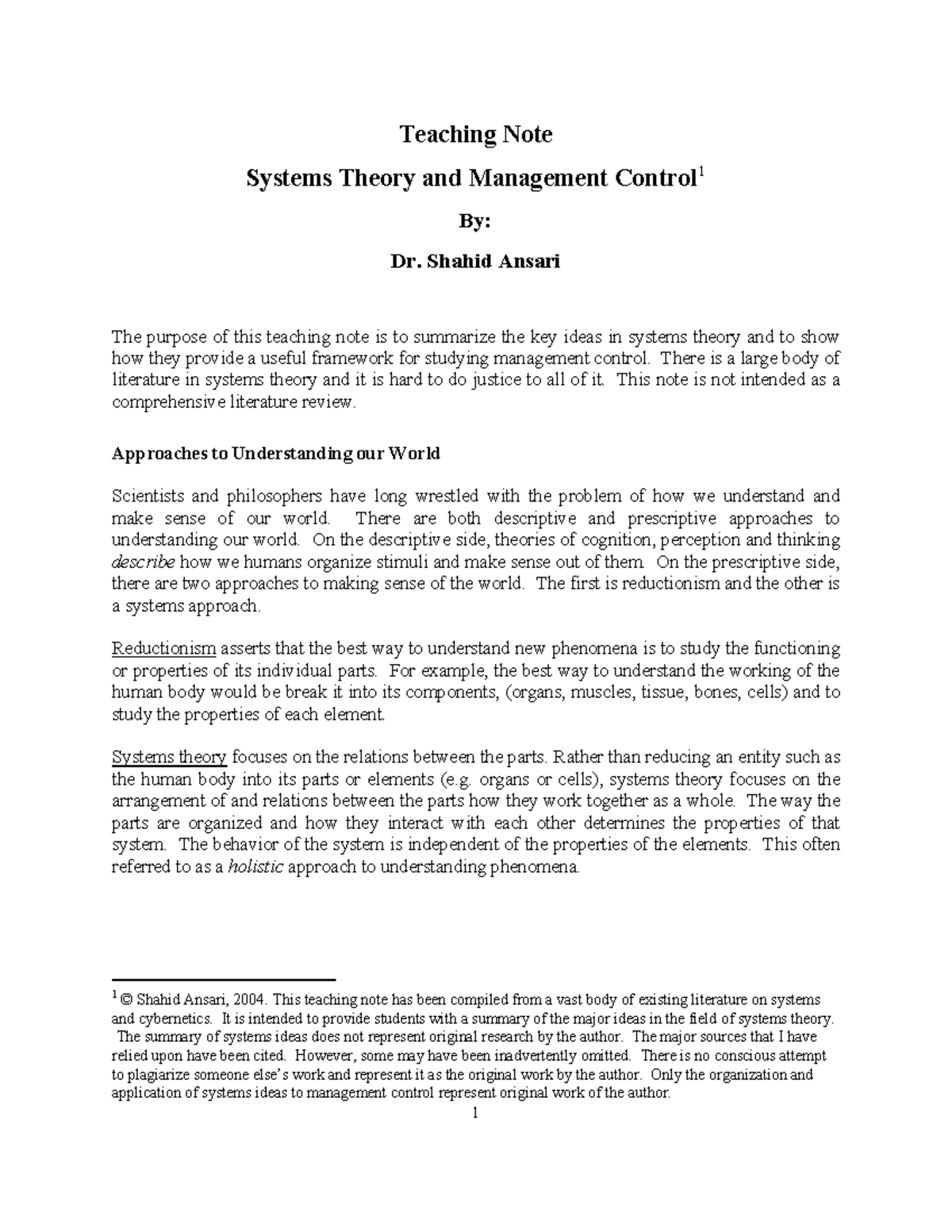 Systems theory and mcs-tn - Teaching Note Systems Theory and Management ...