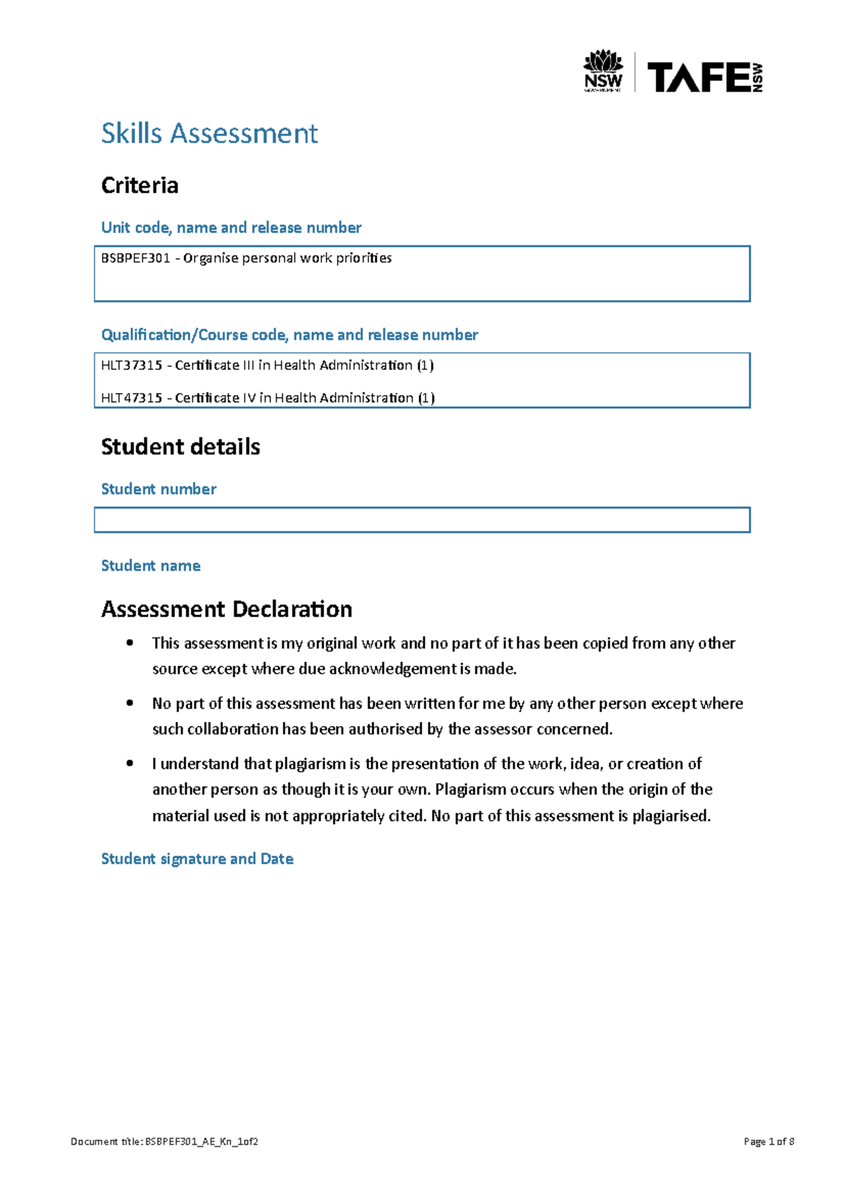 Bsbpef 301 Skills Assessment - Skills Assessment Criteria Unit code ...