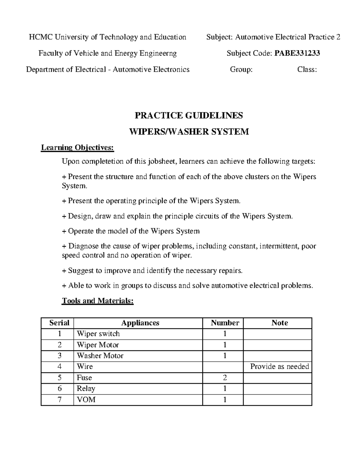 Practice Guidelines Wiper - Washer System - PRACTICE GUIDELINES WIPERS ...