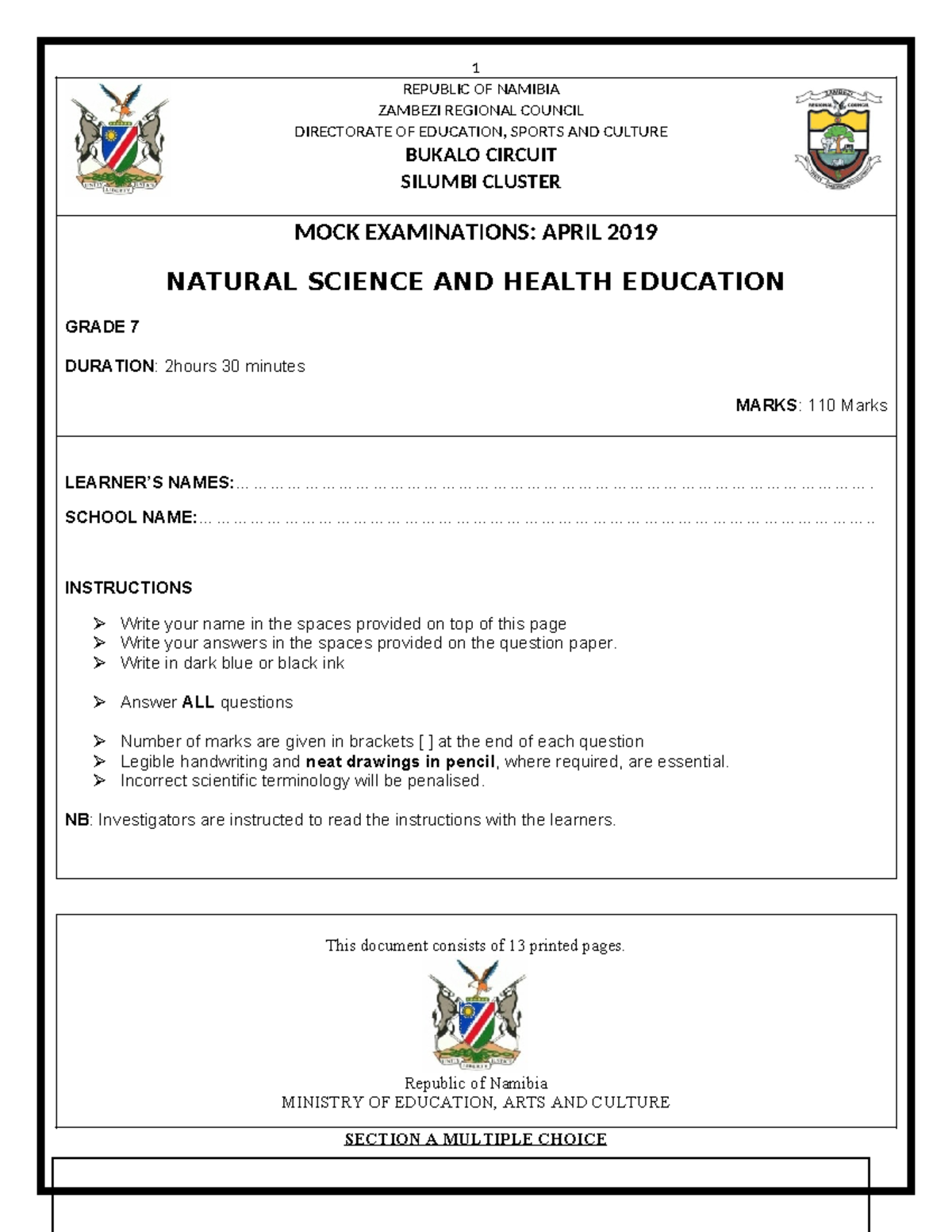 Grade 7 April MOCK 2019 NSHE - REPUBLIC OF NAMIBIA ZAMBEZI REGIONAL ...