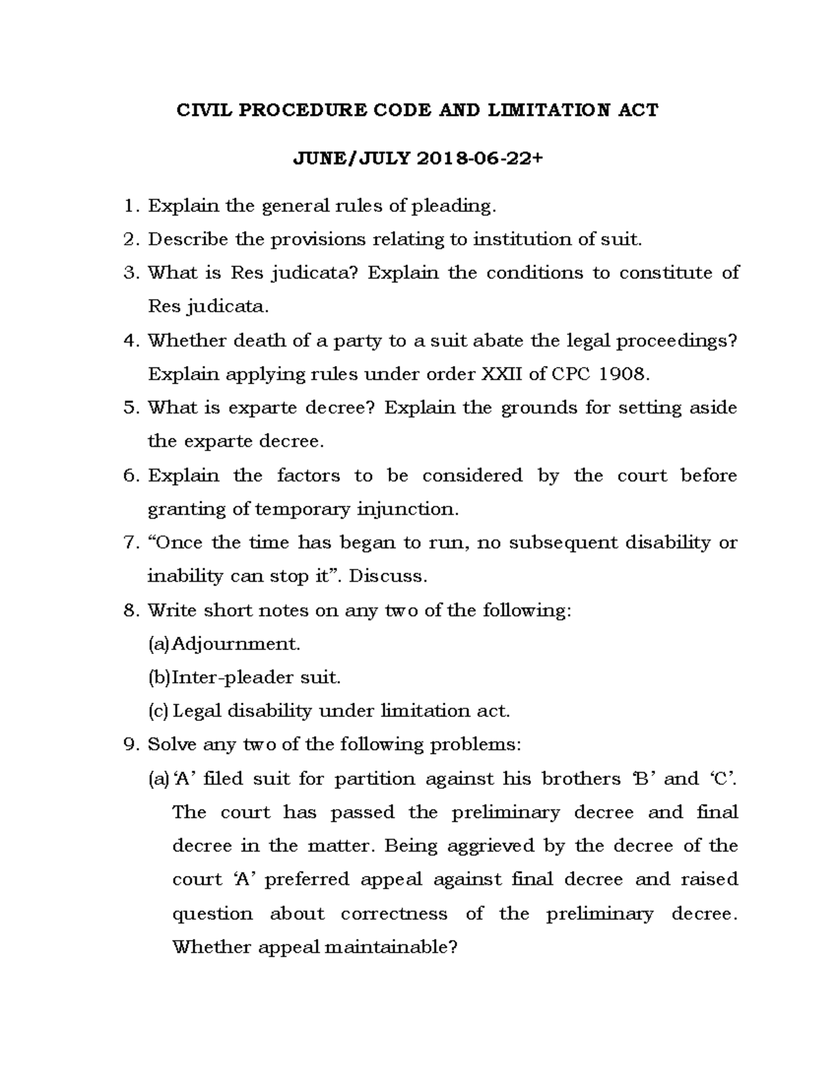 2017 batch 2018 j cpc - cpc - CIVIL PROCEDURE CODE AND LIMITATION ACT ...