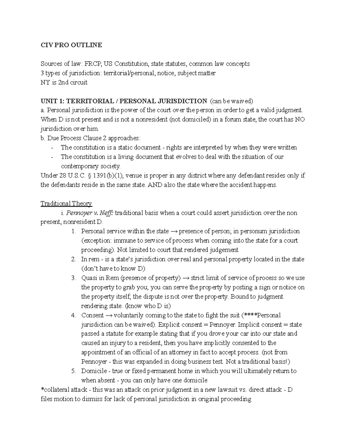 CIV PRO Outline - CIV PRO OUTLINE Sources of law: FRCP, US Constitution ...