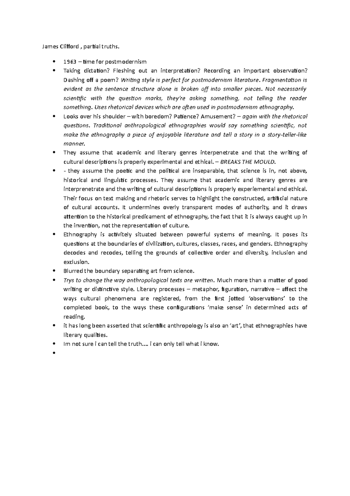 Partial truths notes - James Clifford , partial truths. 1963 – time for ...