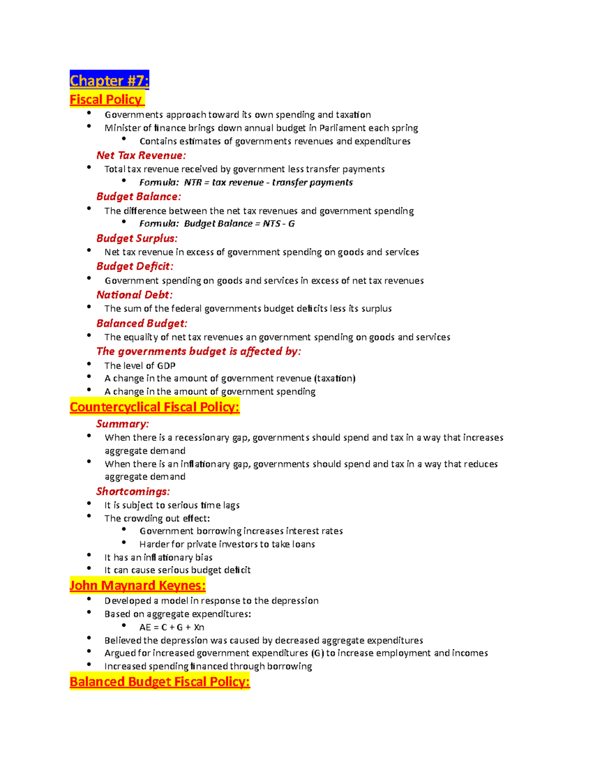SAIT [Macro 305] - Chapters 7 And 8 - Chapter #7: Fiscal Policy ...