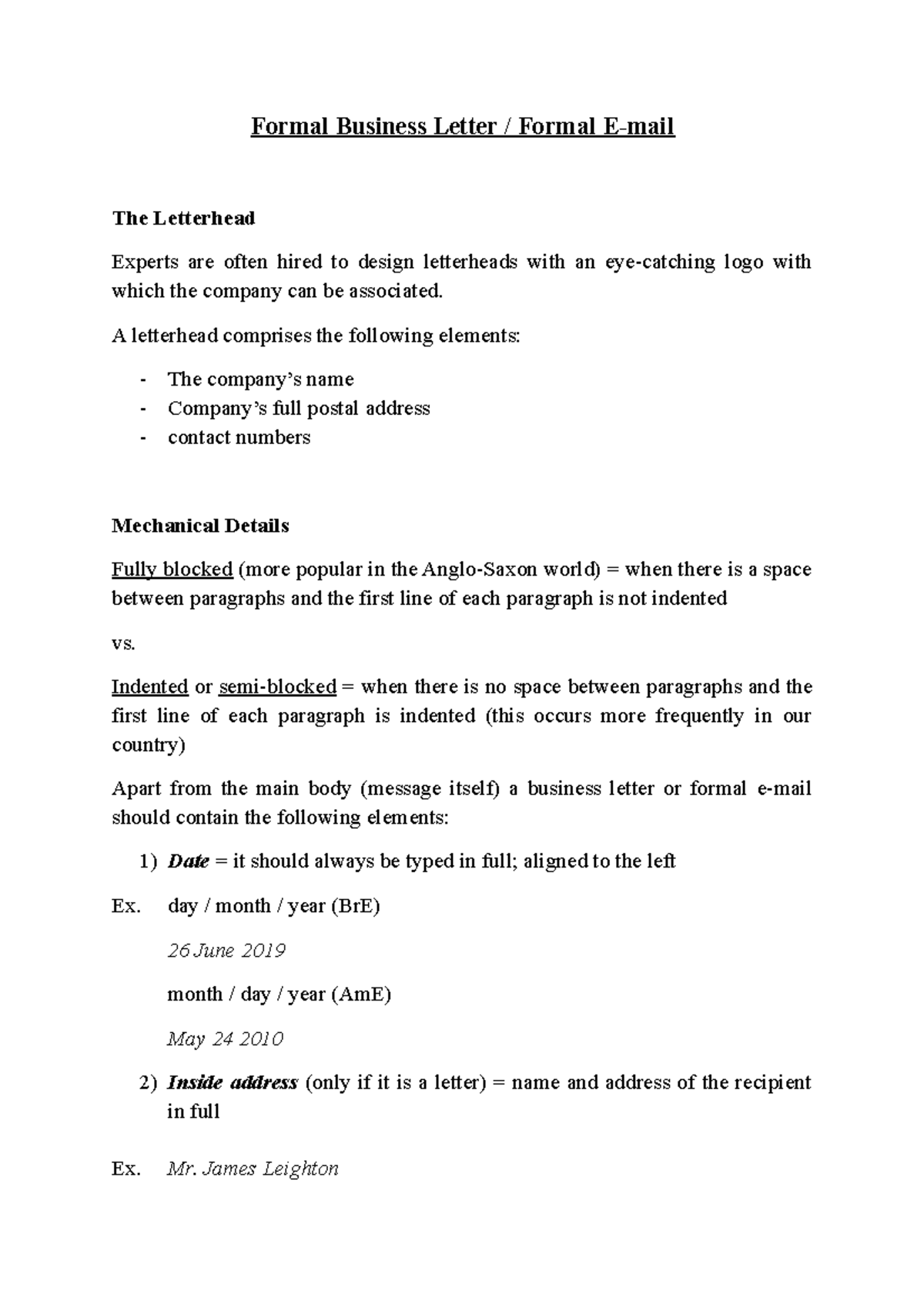 E4 Writing Theoretical Elements - Formal Business Letter / Formal E ...