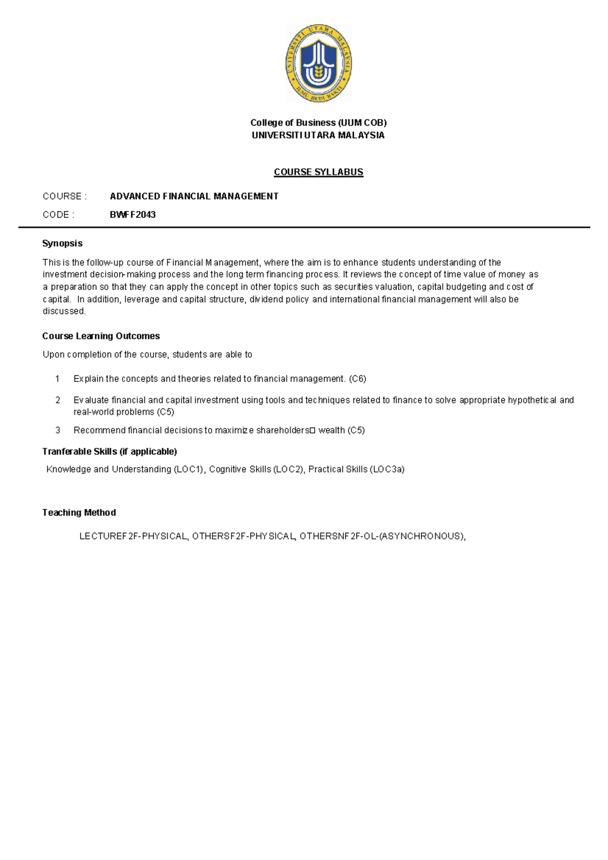 Syllabus BWFF2043 A221 - College of Business (UUM COB) UNIVERSITI UTARA ...