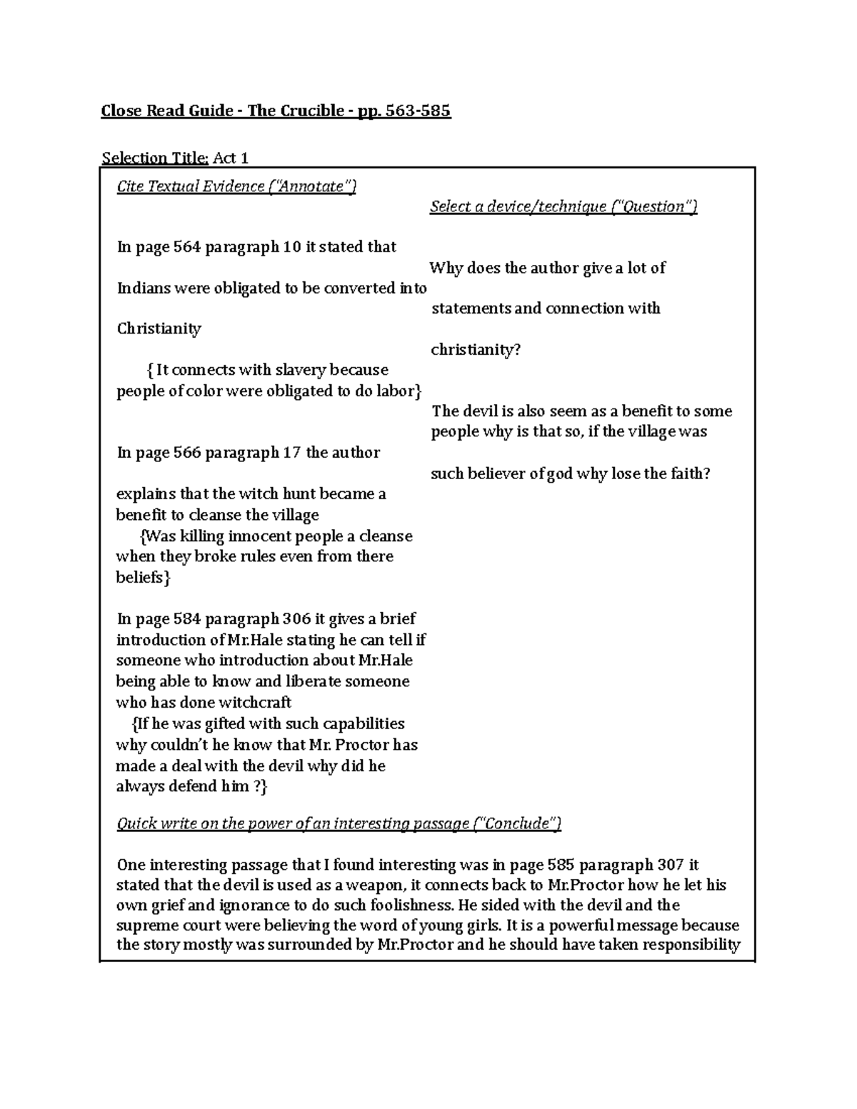  Close Read Guide The Crucible Act 1 Pp 563 Close Read Guide